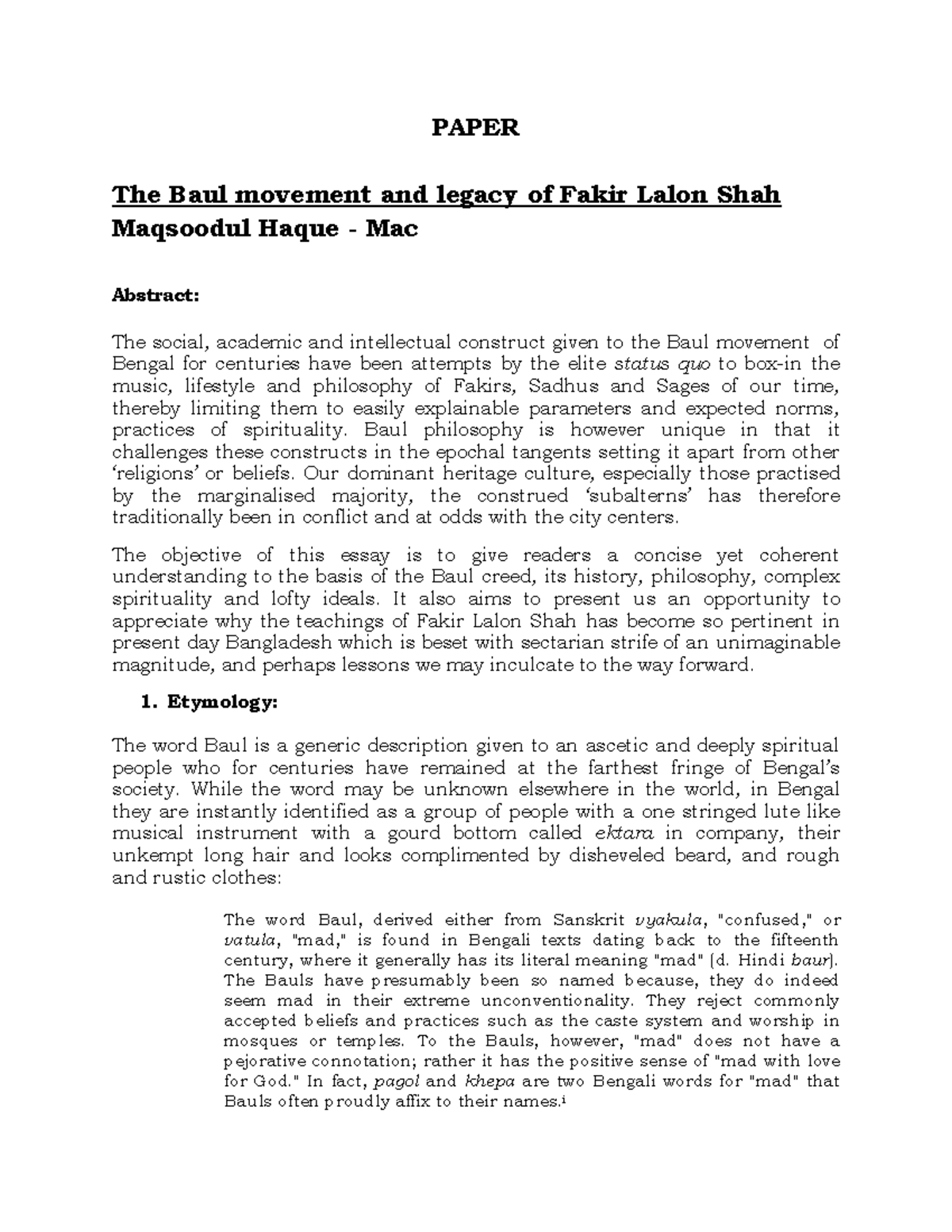 The Baul Movement and legacy of Fakir Lalon Shah - PAPER The Baul ...
