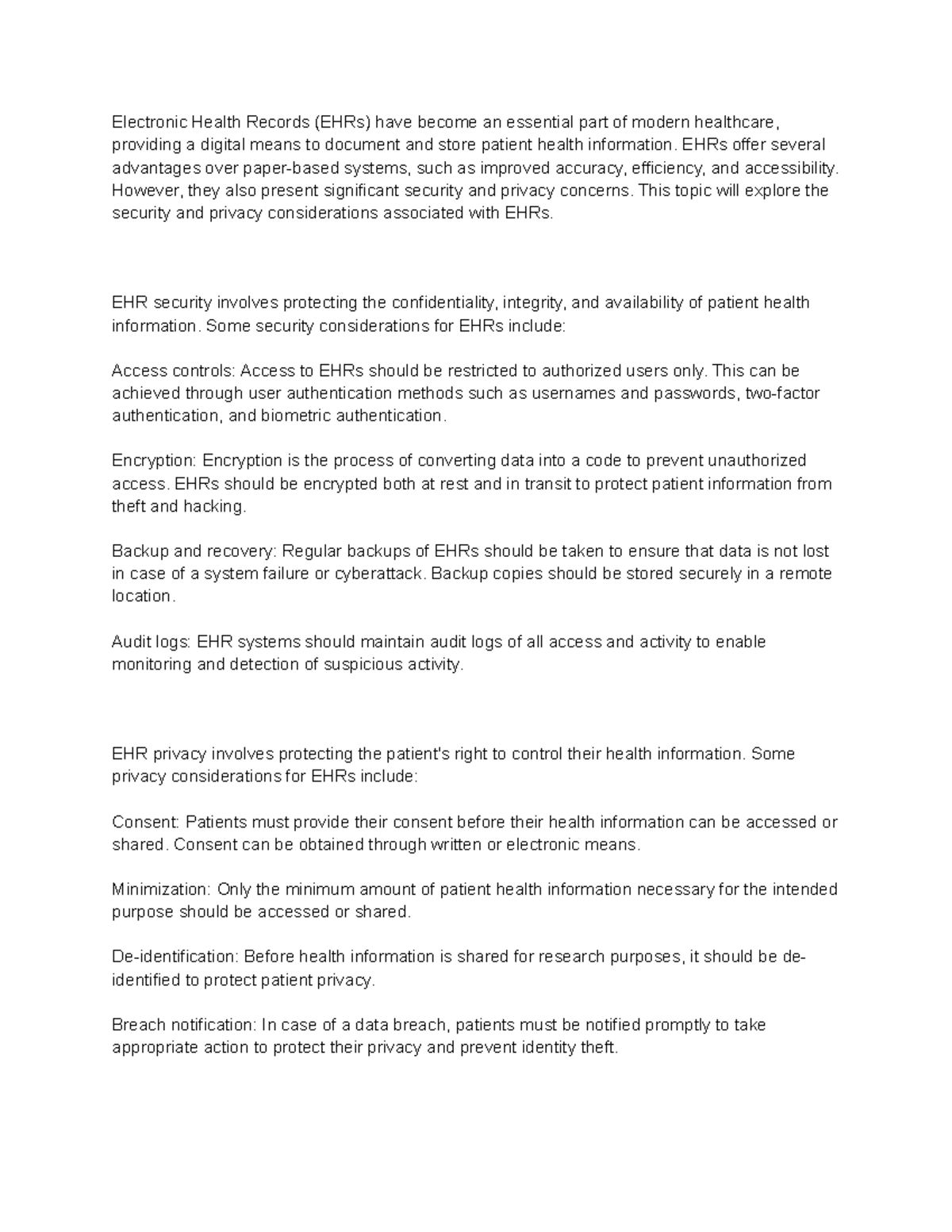 EHR Security and Privacy Considerations Notes - Electronic Health ...