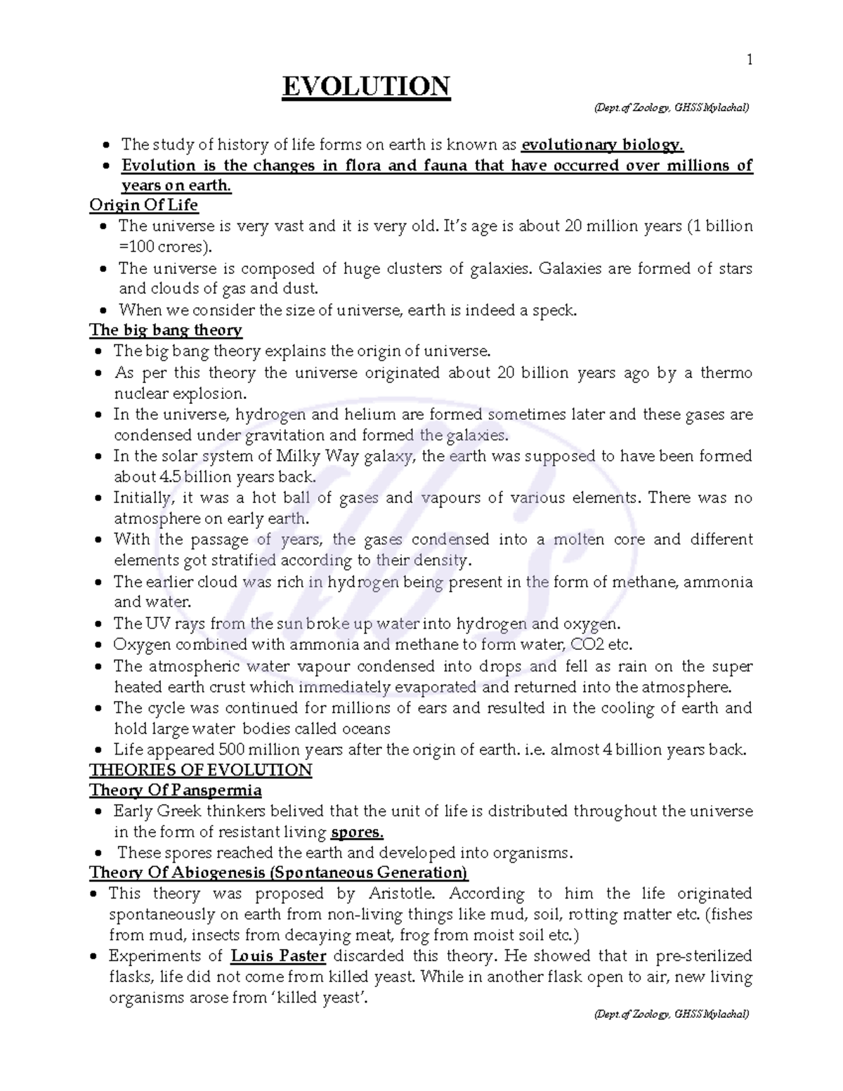 Evolution Notes - EVOLUTION (Dept Zoology, GHSS Mylachal) The study of ...