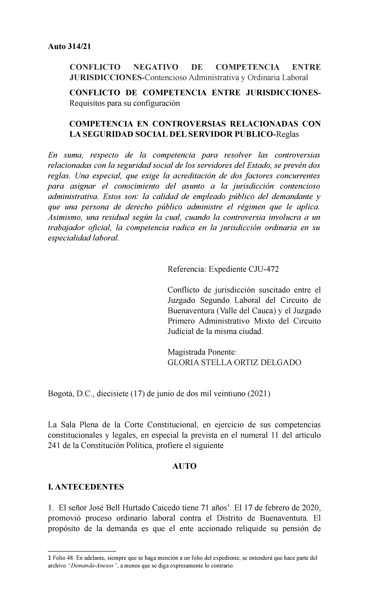 A314 21 Sentencia Auto 314 Conflicto Negativo De Competencia Entre