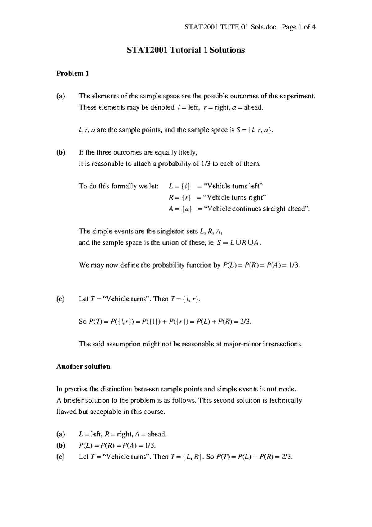 STAT2001 TUTE 01 Sols - Introductory Mathematical Statistics - STAT2001 TUTE 01 Sols Page 1 of 4 ...
