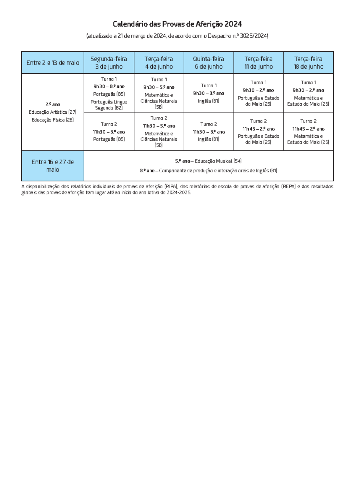 Calendario 2024 PA - asfdf - Calendário das Provas de Aferição 2024 ...