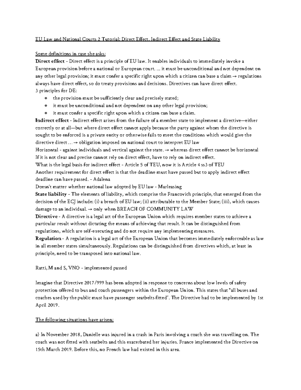 Eu Law And National Courts 2 Tutorial Direct Effect Indirect Effect And State Liability It