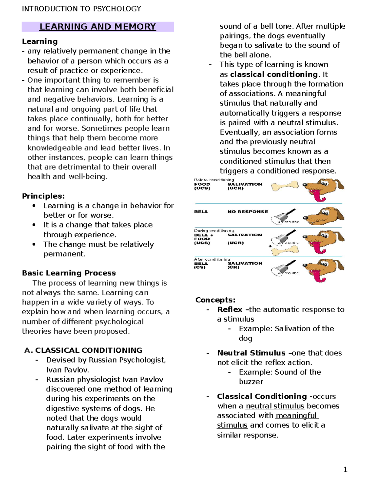 1.4 Learning AND Memory - INTRODUCTION TO PSYCHOLOGY LEARNING AND MEMORY Learning any relatively ...