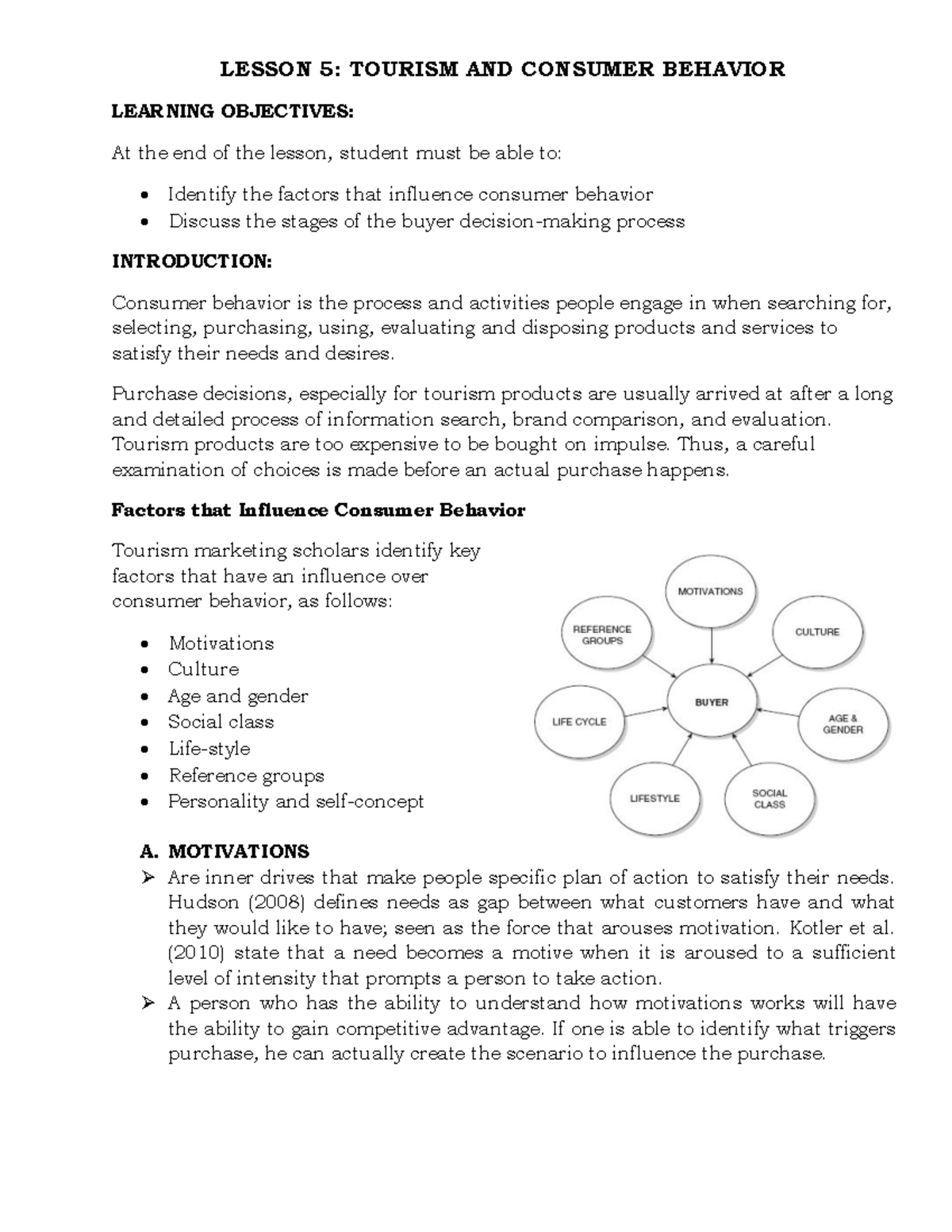 Lesson 5 - CORE 5-COM COOK NC IV-select - LESSON 5: TOURISM AND ...