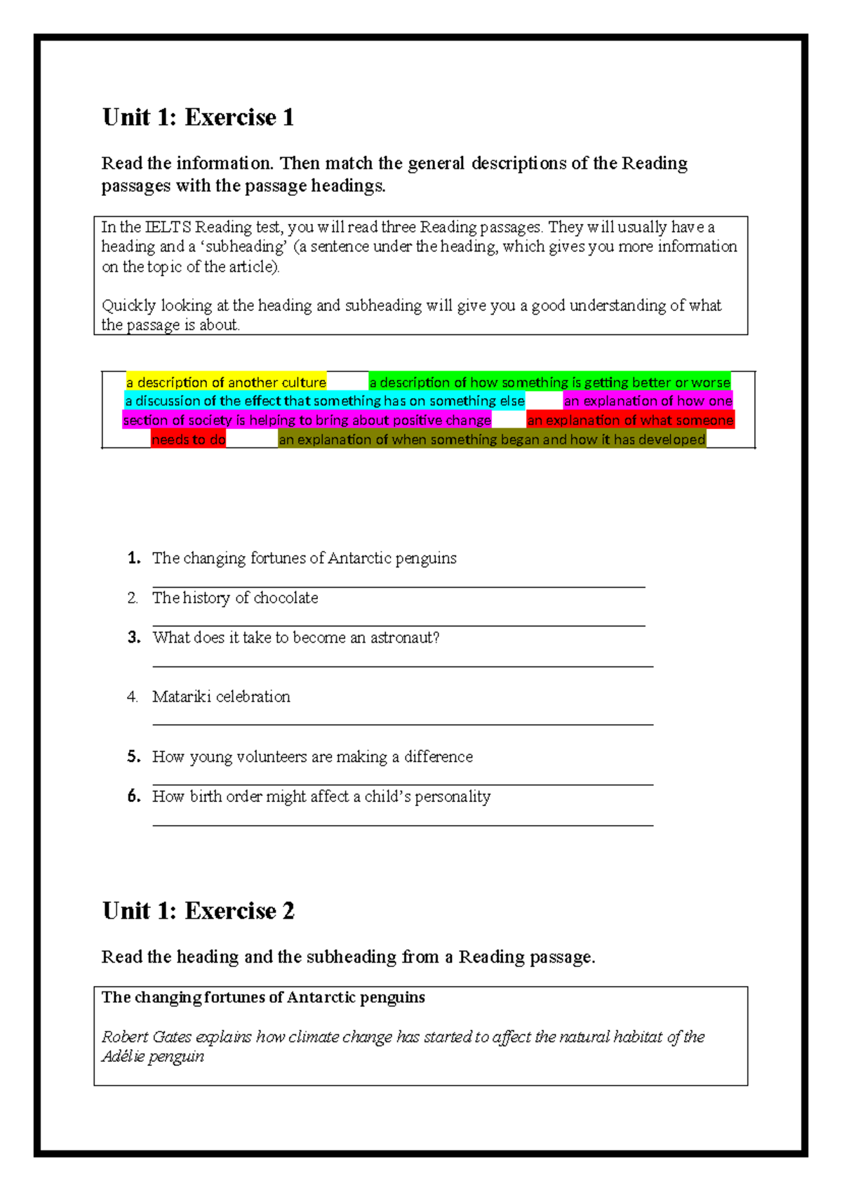 Unit 1 - Reading - Unit 1: Exercise 1 Read the information. Then match ...