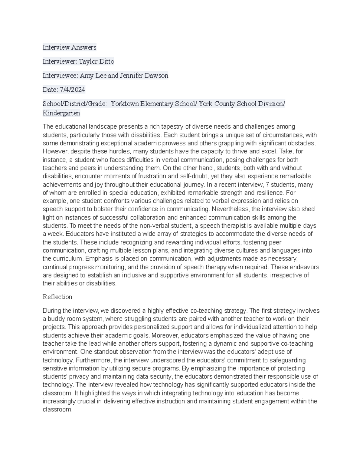 Field Experience C-Technology, Collaboration and Co-Teaching Interview ...