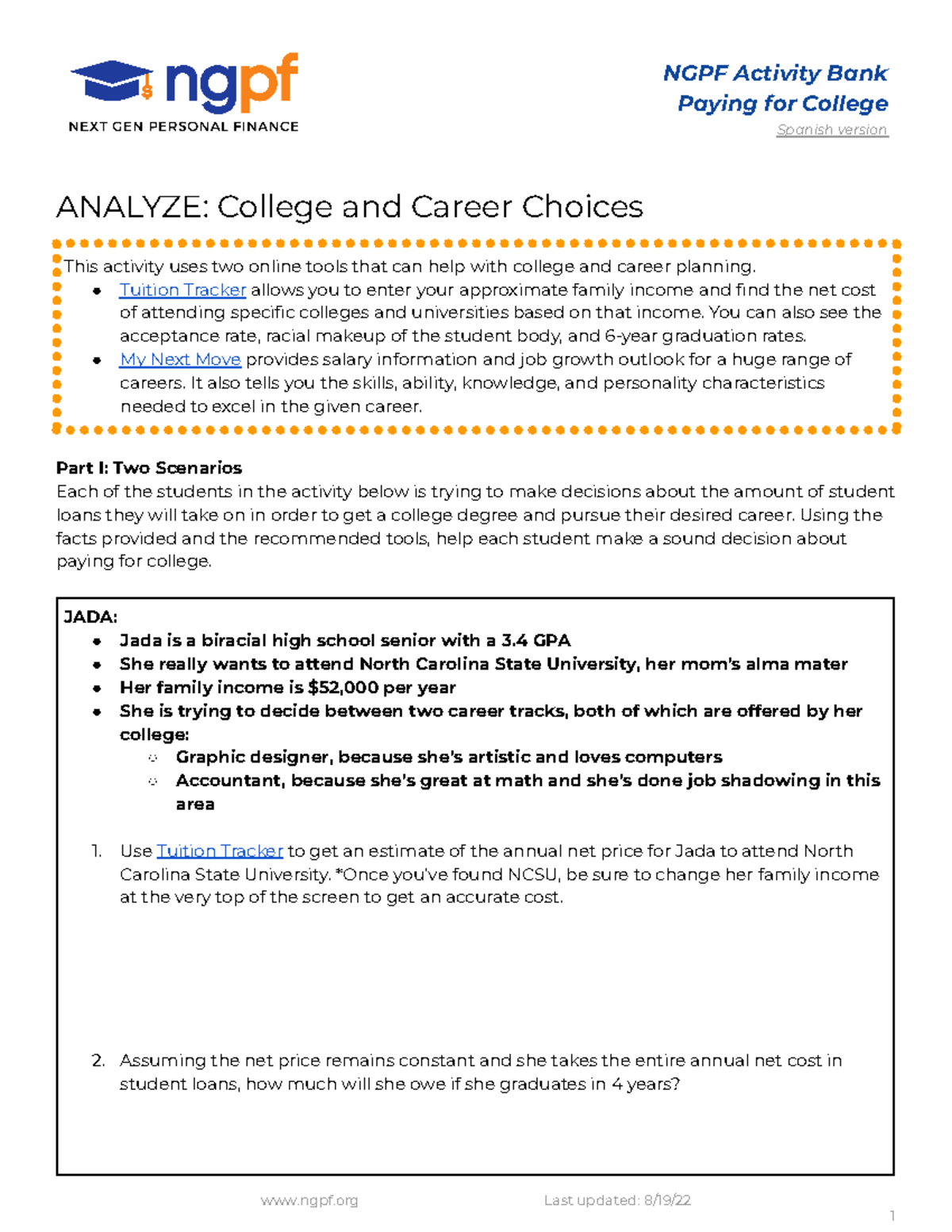 Analyze College and Career Choices - NGPF Activity Bank Paying for ...