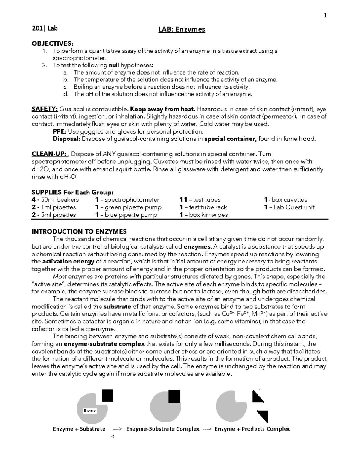 Enzymes Lab Procedure Sp22 - Bio 201| Lab LAB: Enzymes OBJECTIVES: To ...