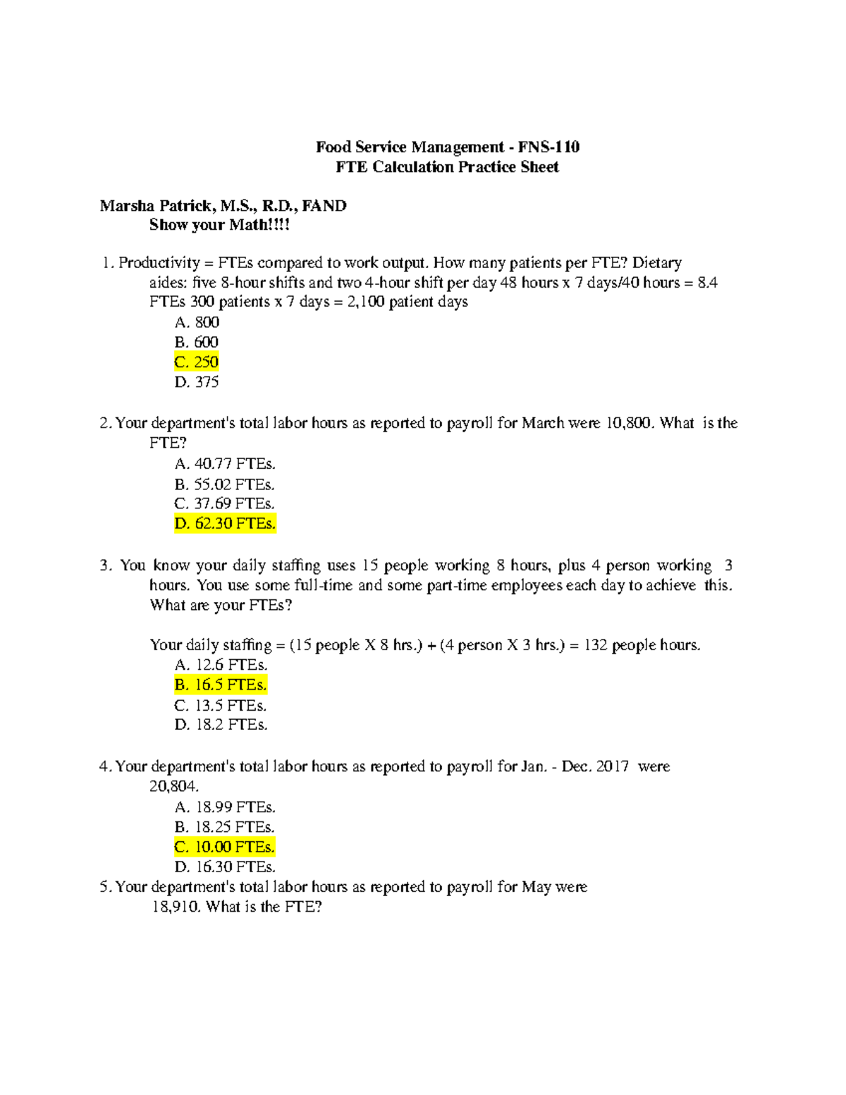 FTEs Calculation sheet with answers - Food Service Management - FNS ...
