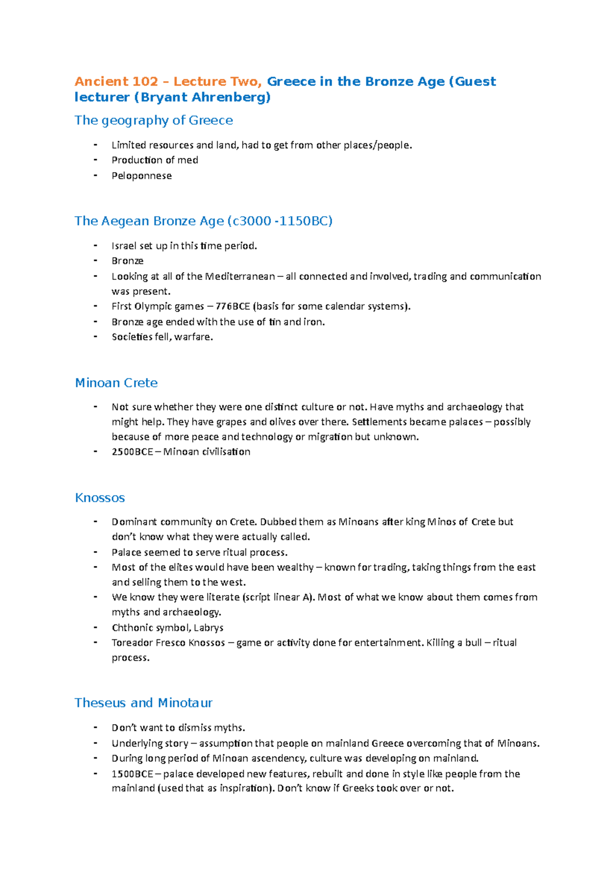 Ancient 102 Lecture Notes - Ancient 102 – Lecture Two, Greece in the ...