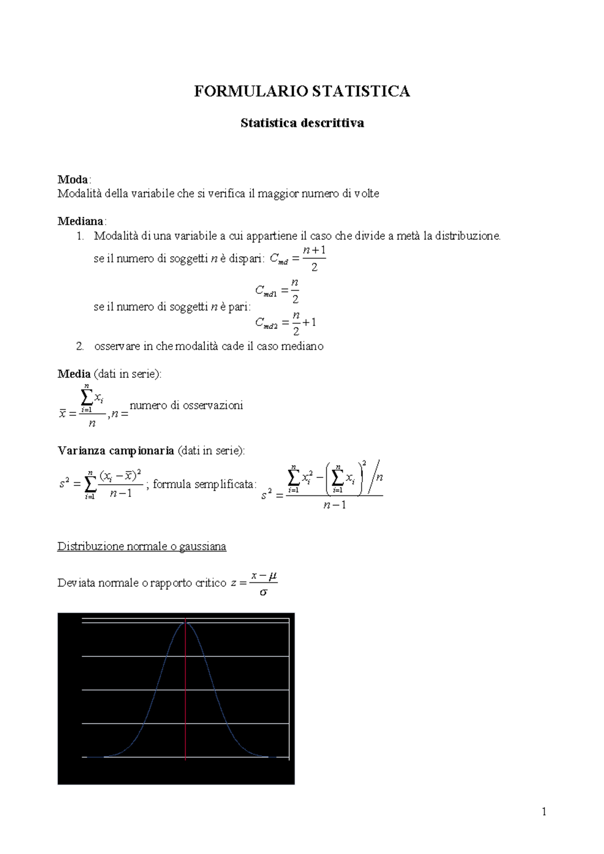 Formulario statistica - FORMULARIO STATISTICA Statistica descrittiva ...