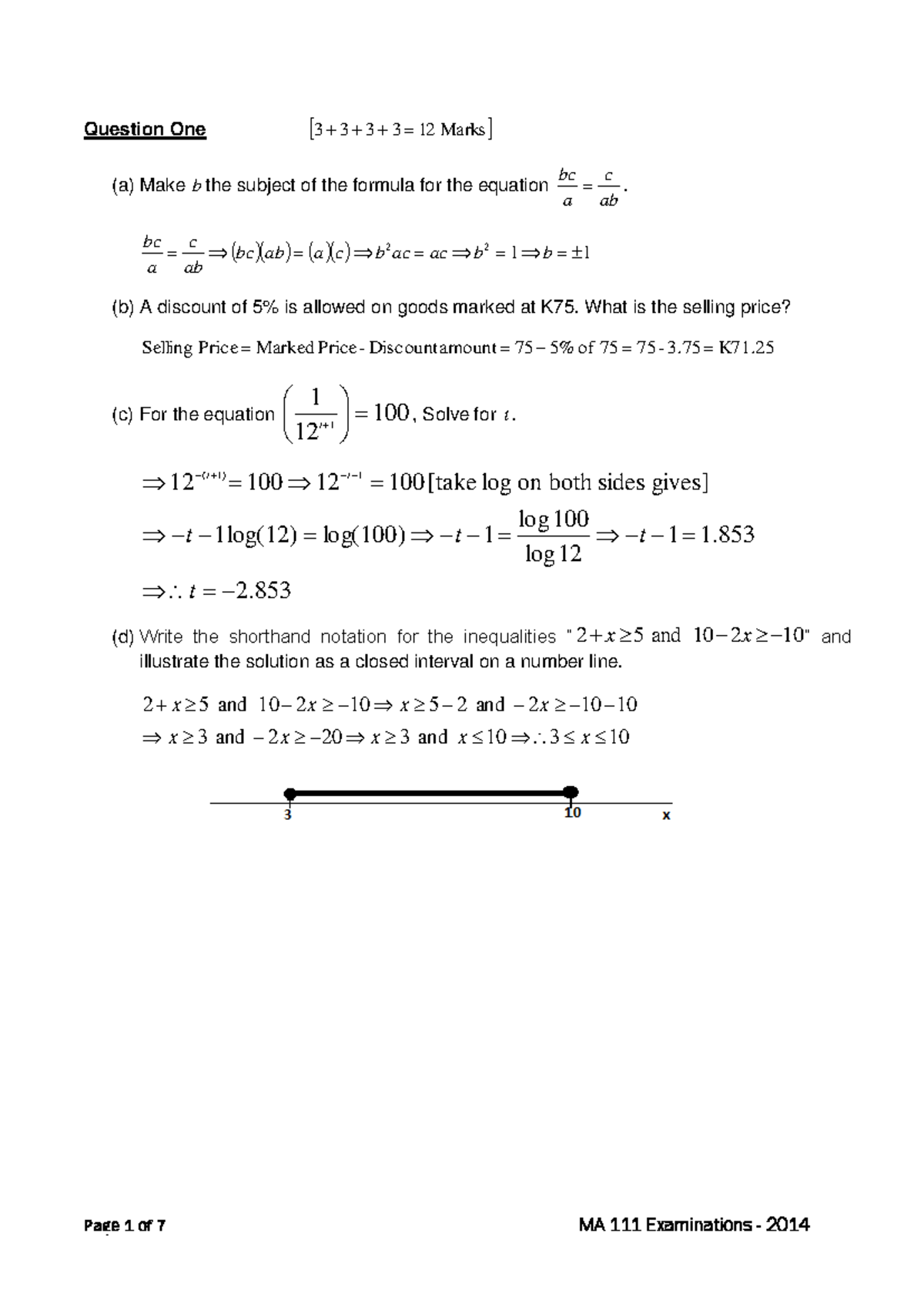 MA111 Exam 2014-Solution - Question One 3 3 3 3 12 Marks (a) Make bthe subject of the - Studocu