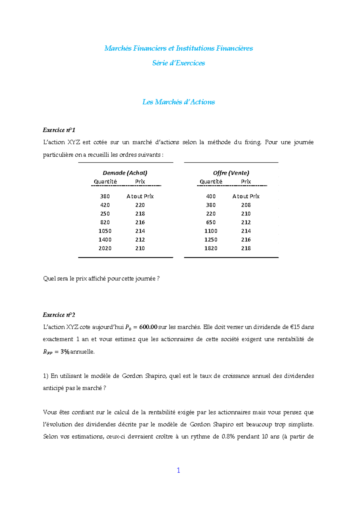 Série Exercices Institutions Financières - Warning: TT: undefined function: 32 Marchés ...