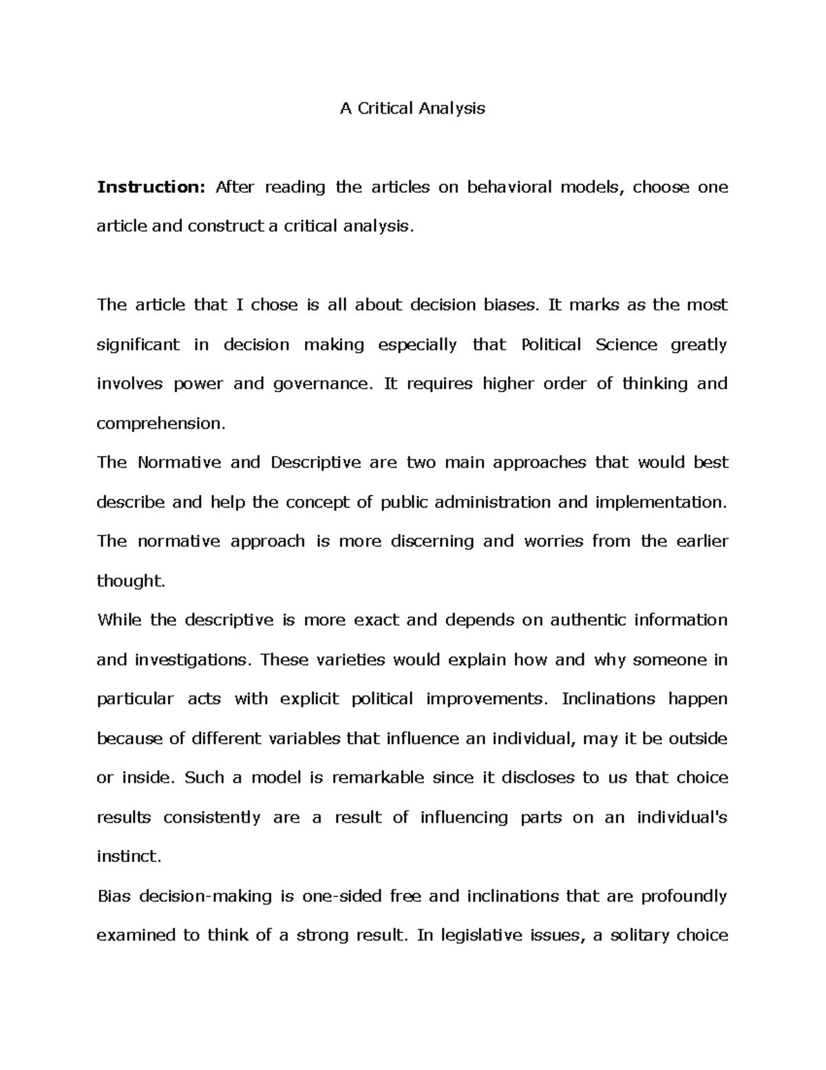 A Critical Analysis - Notes - A Critical Analysis Instruction: After ...