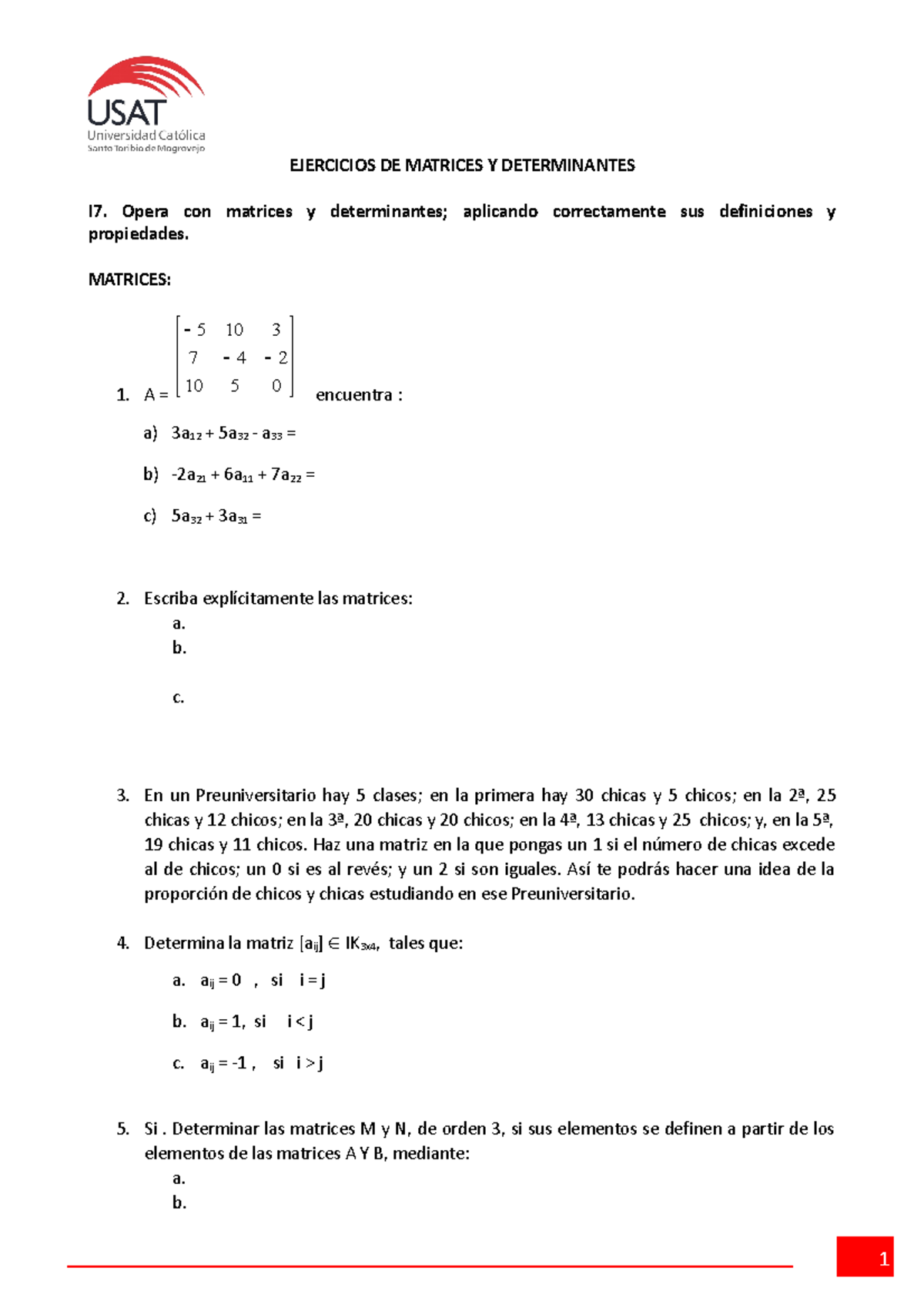 Ejercicios de matrices y determinantes-Indicador I-7 - EJERCICIOS DE ...