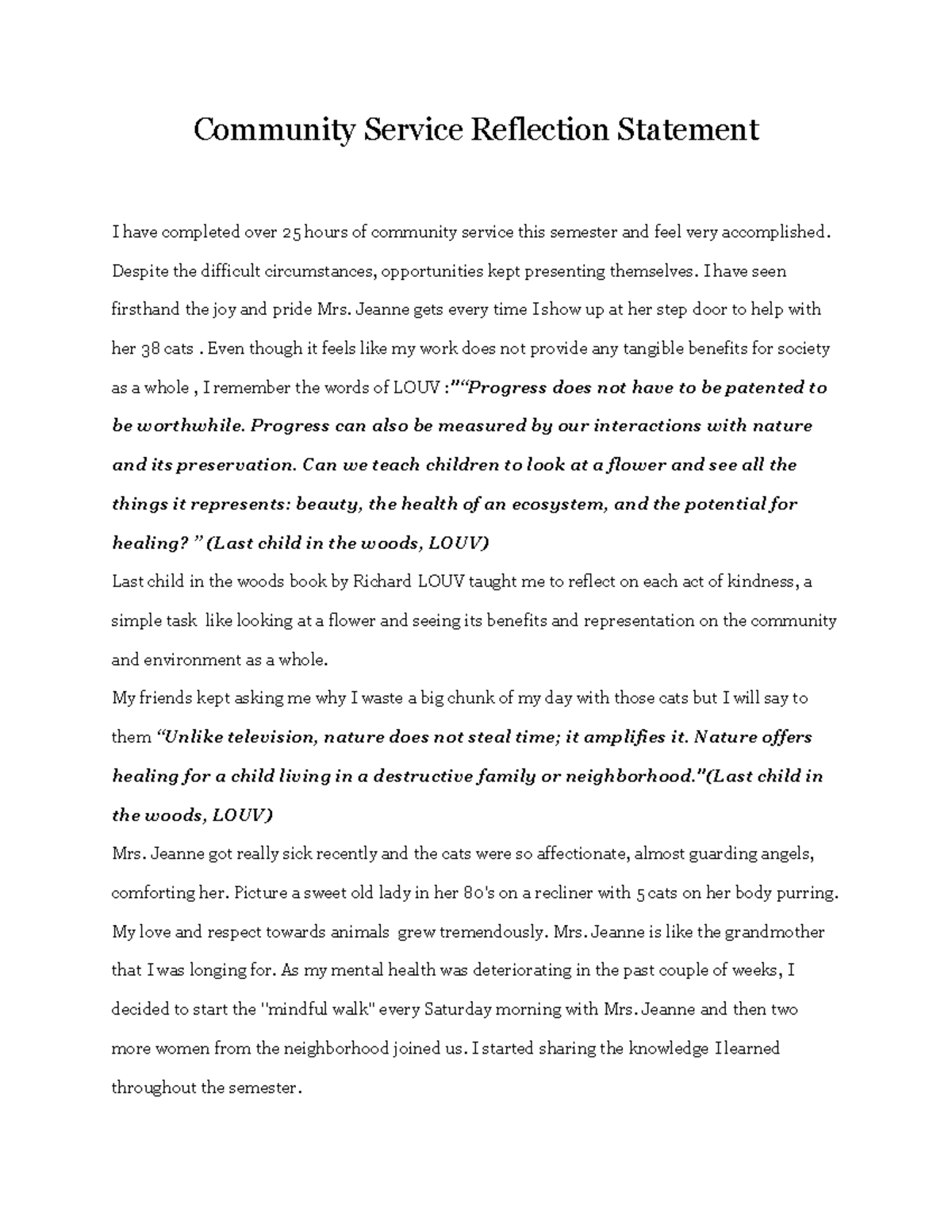 Community Service Reflection Statement - Despite the difficult ...