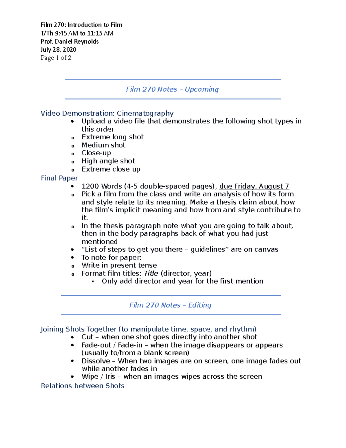Film 270 Notes Editing P1 - Film 270: Introduction to Film T/Th 9:45 AM ...