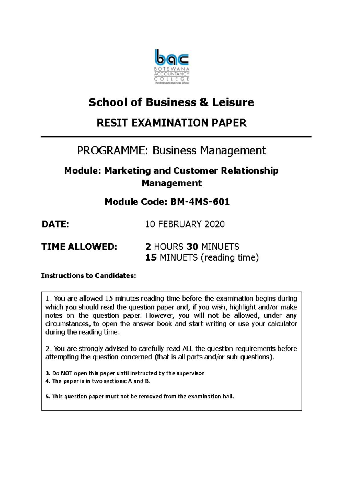 BM Resit Examination Paper 2019 - School of Business & Leisure RESIT ...