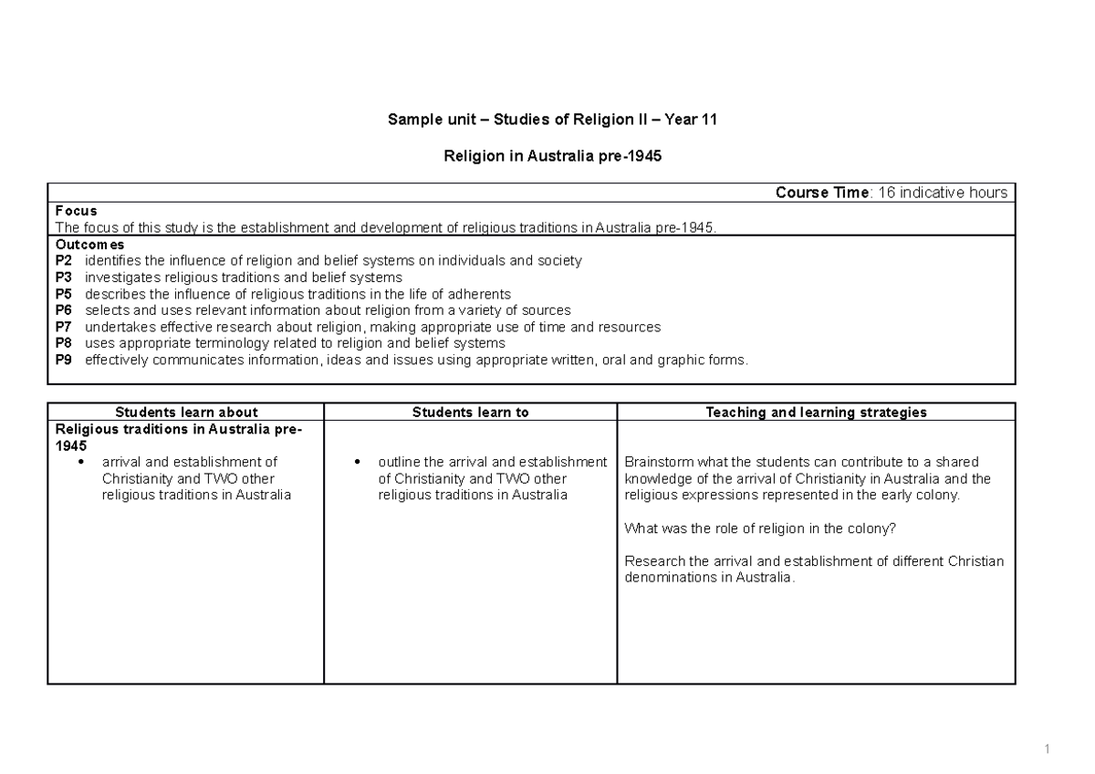 Studies of religion ii year 11 sample unit religion in australia pre ...