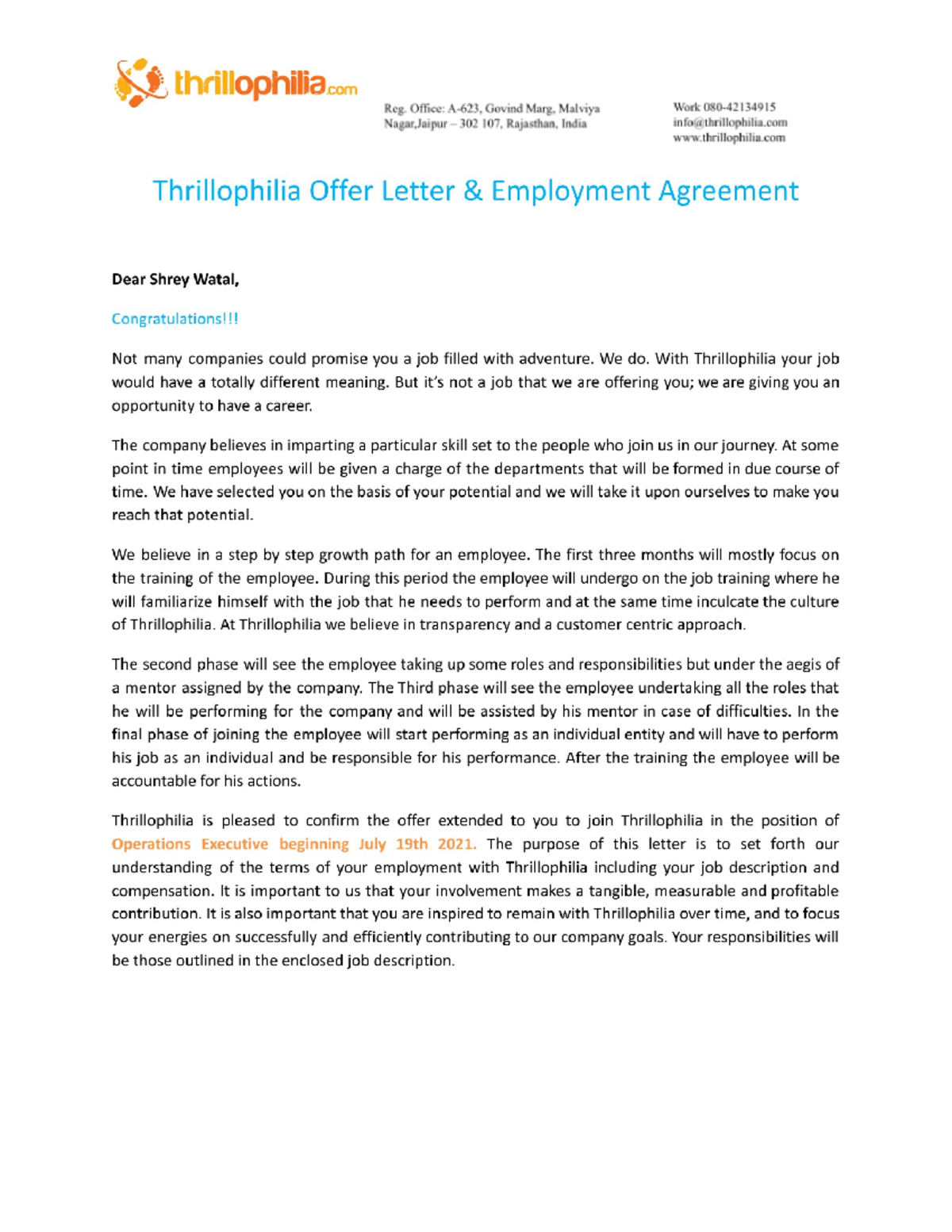 Shrey Watal Offer Letter - master of business management - Studocu