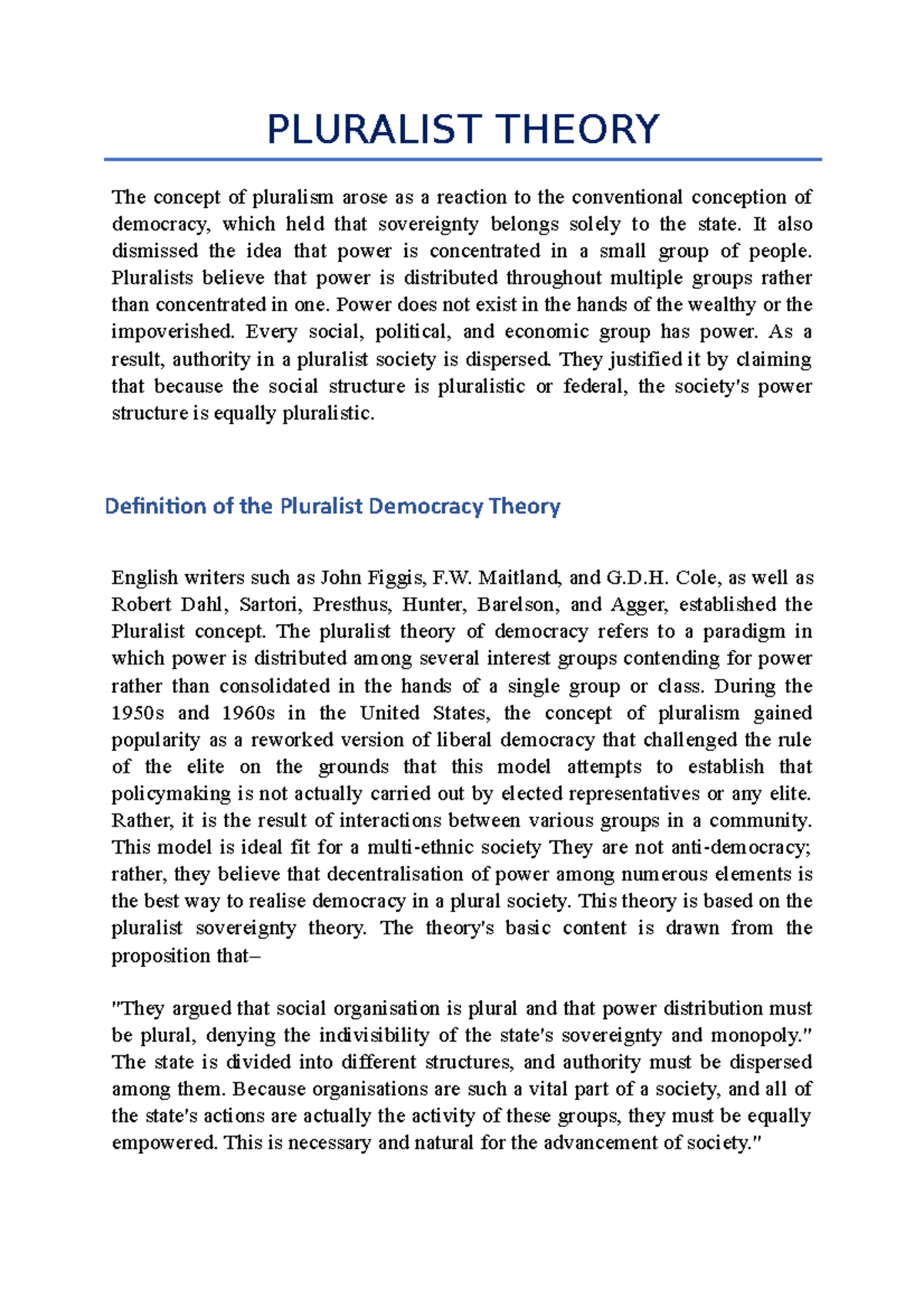 AN Overview OF Pluralist Democracy - PLURALIST THEORY The concept of ...