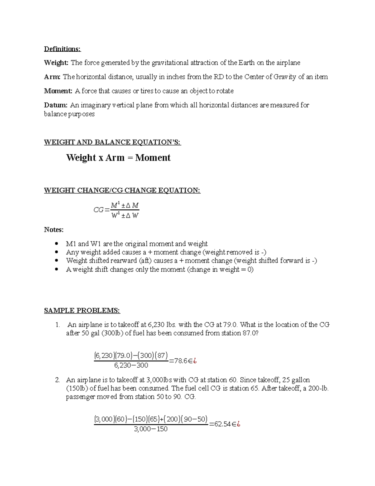 2F Weight & Balance - Chapter review questions - Definitions: Weight ...