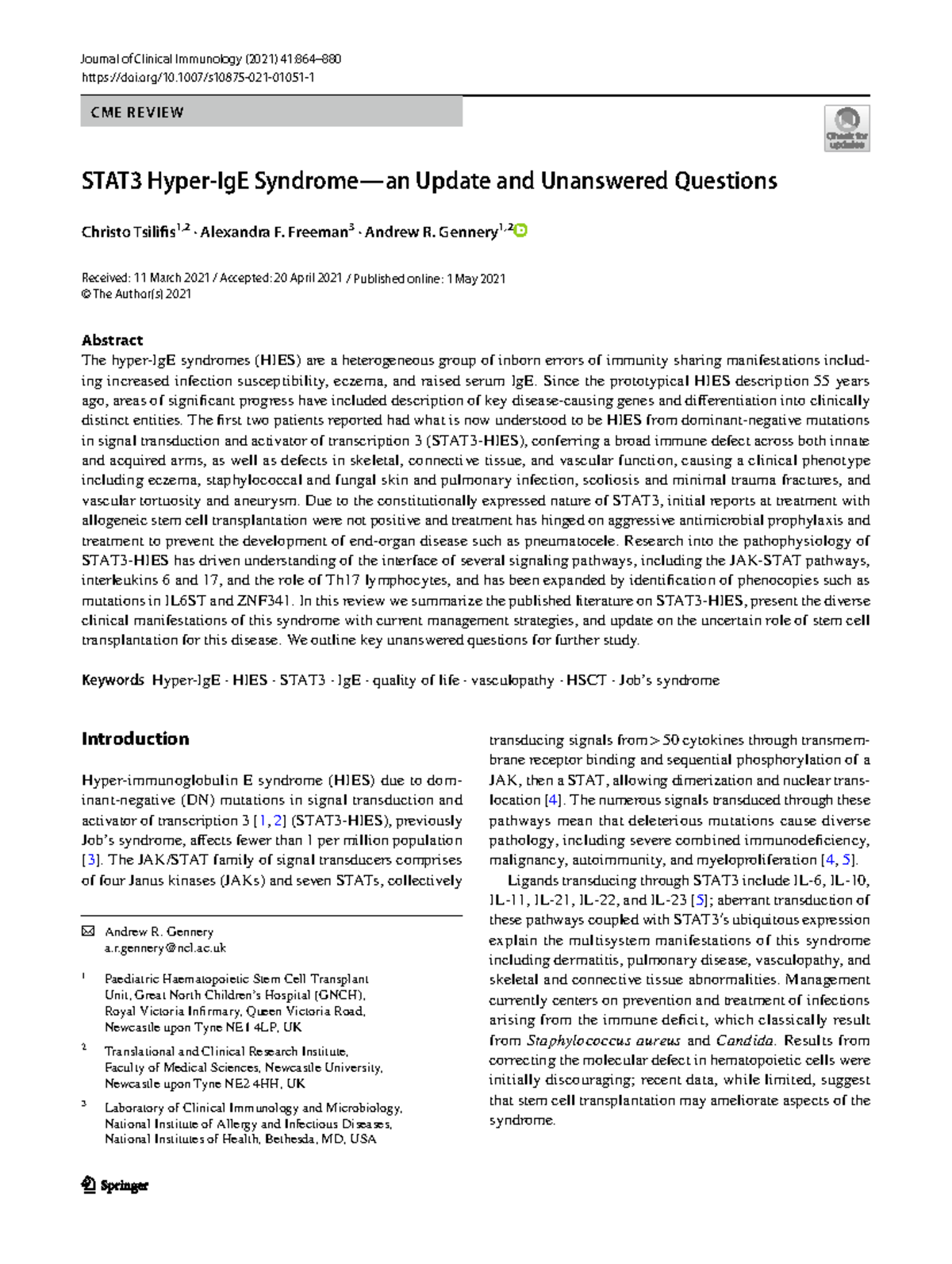 10875 2021 Article 1051 - doi/10.1007/s10875-021-01051- CME REVIEW ...