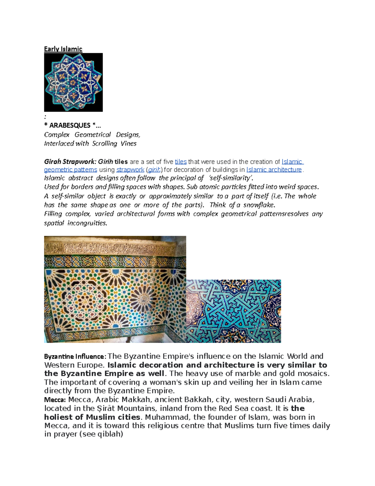 World art study guide - Early Islamic : * ARABESQUES *... Complex ...