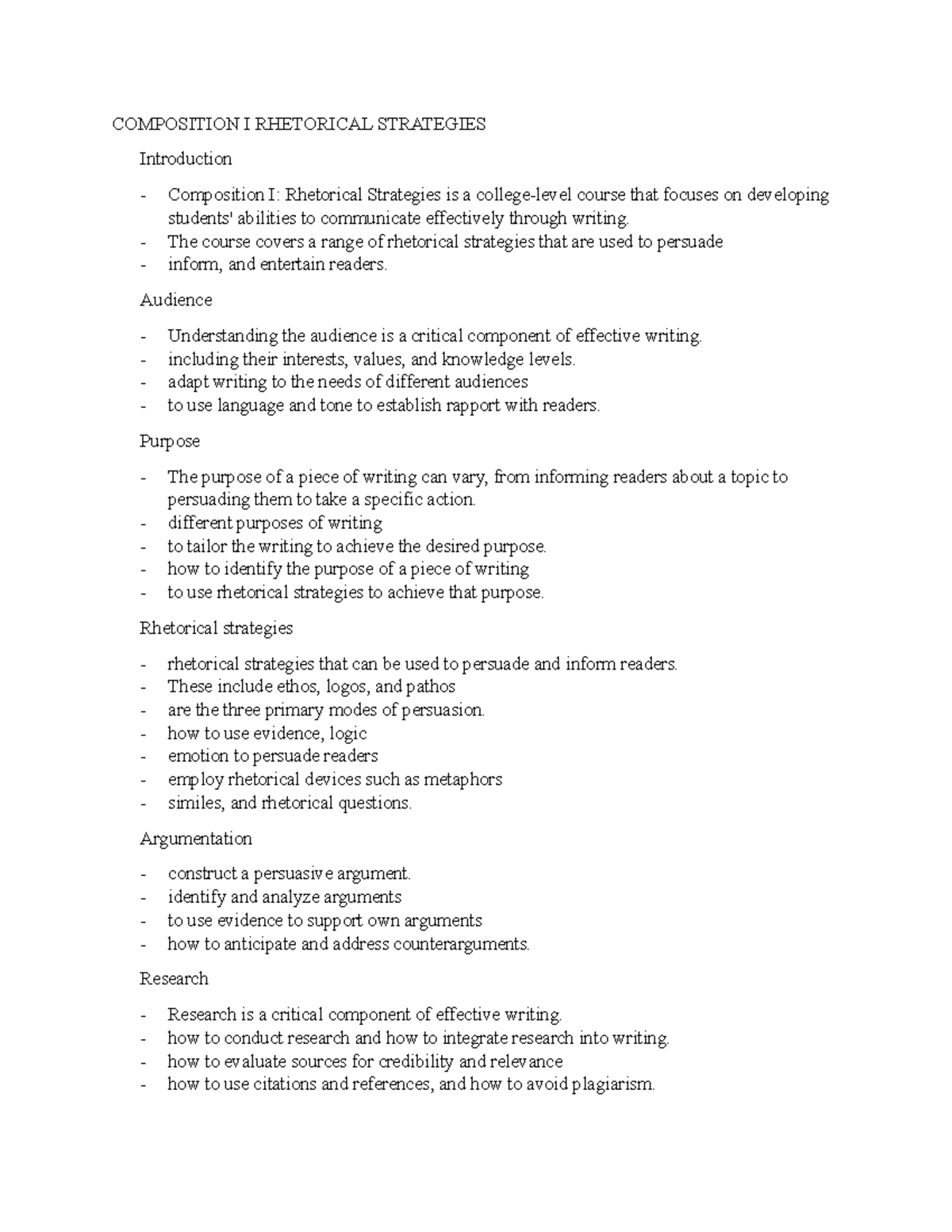 Composition I Rhetorical Strategies Notes 1 - COMPOSITION I RHETORICAL ...