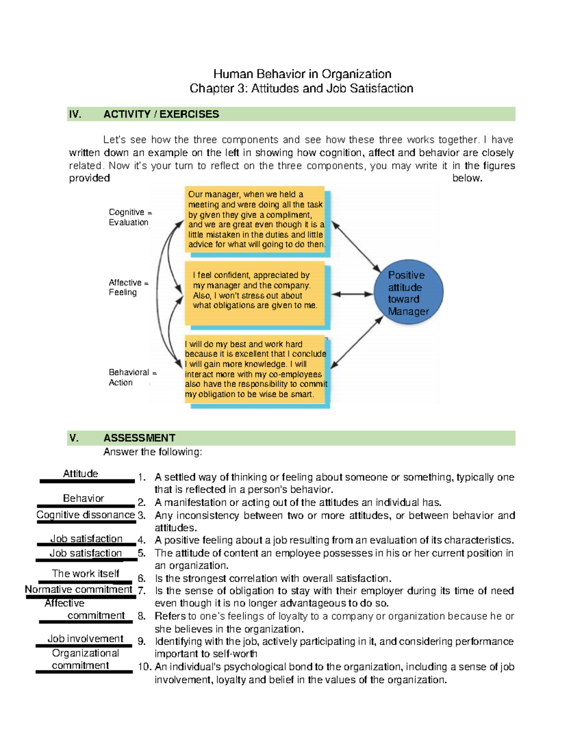 Human Organizational Behavior Exercise Chapter 3 - IV. ACTIVITY ...