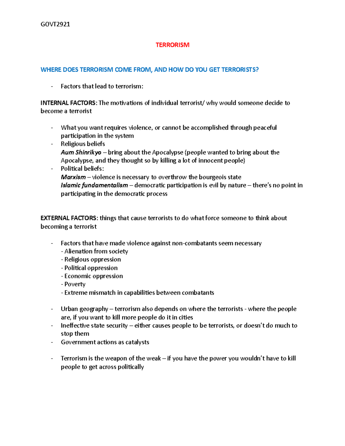 Terrorism - Lecture notes 4 - TERRORISM WHERE DOES TERRORISM COME FROM ...