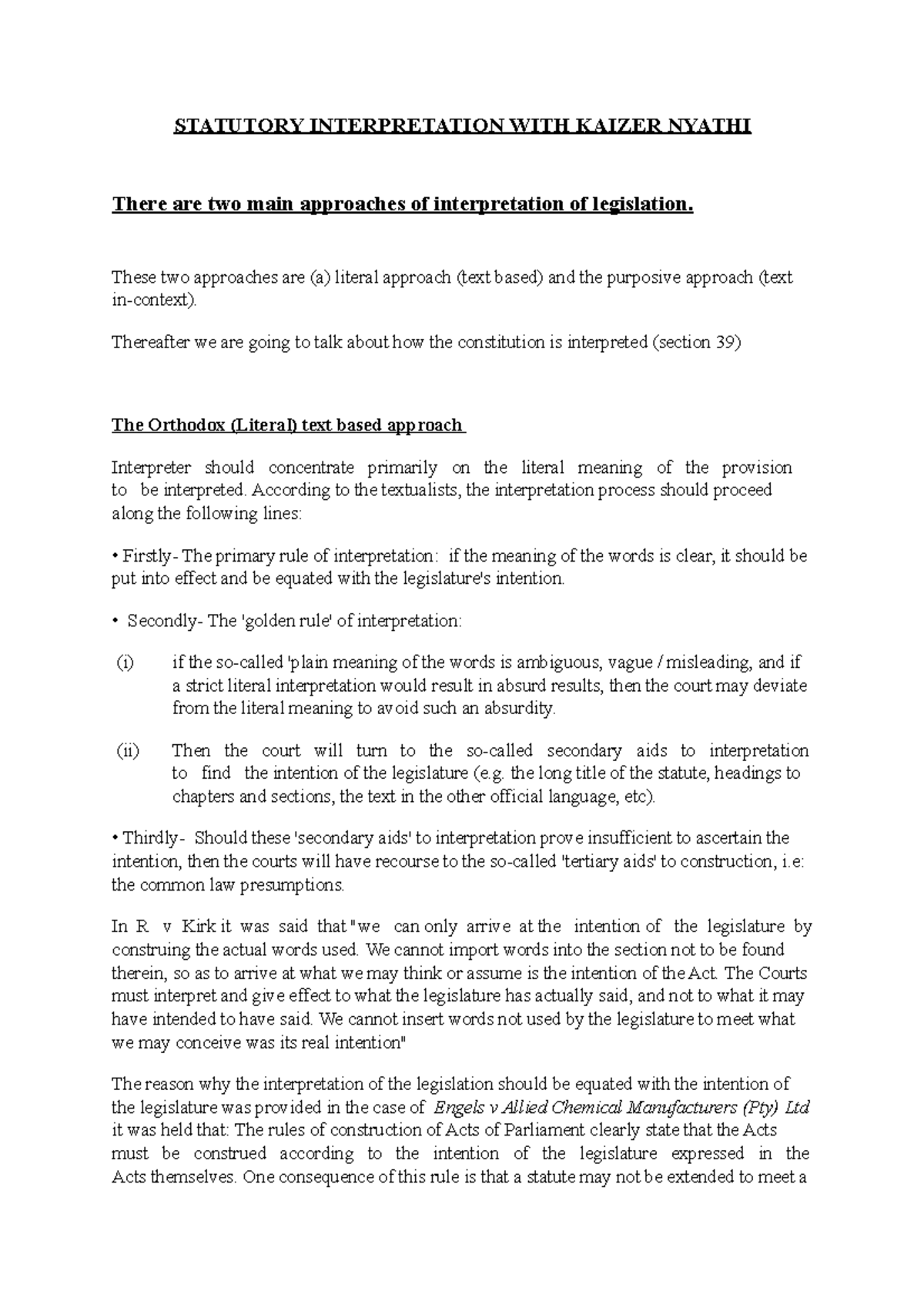 Stat. Inter. Notes with Kaizer - STATUTORY INTERPRETATION WITH KAIZER ...