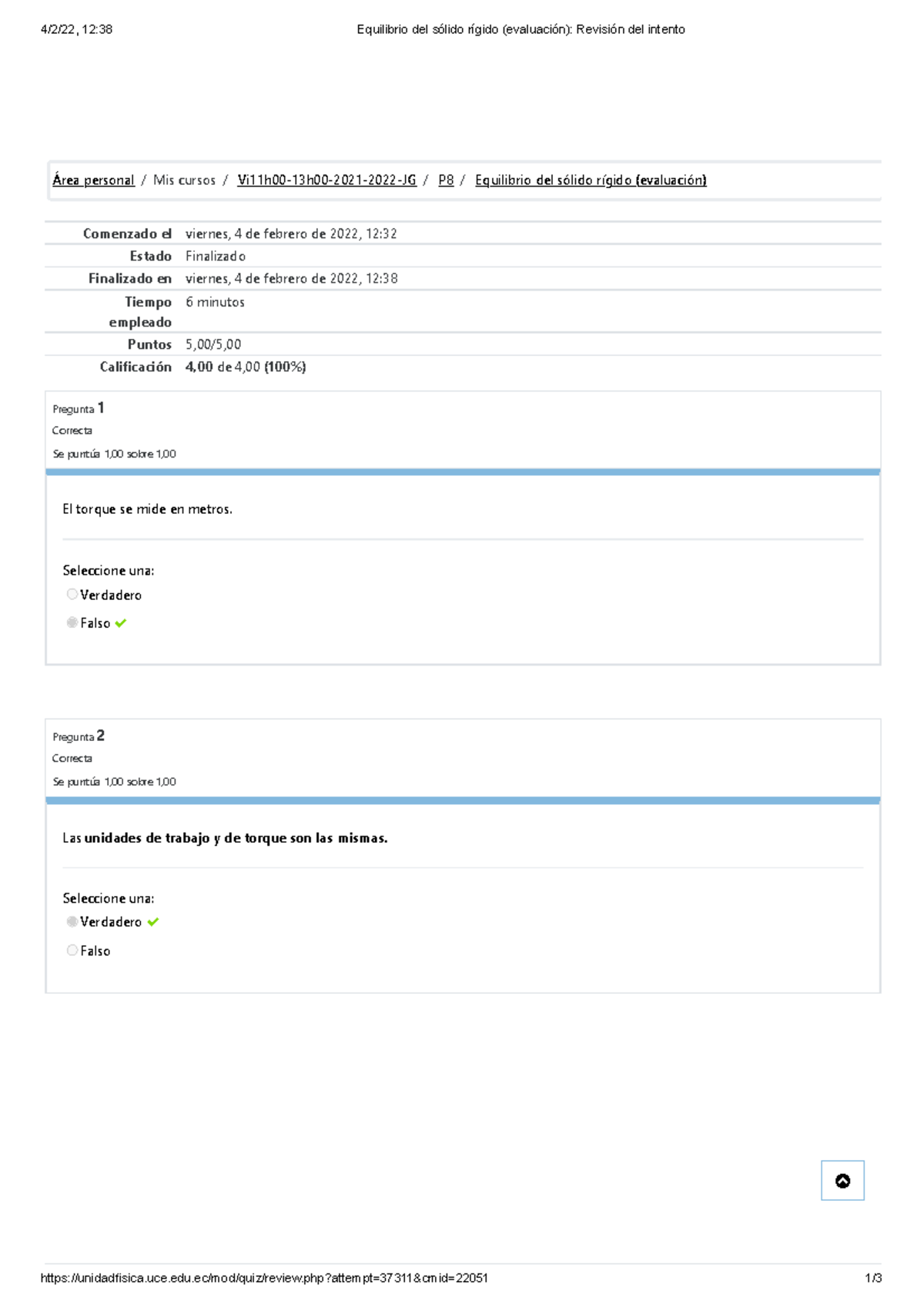 Equilibrio del sólido rígido (evaluación) Revisión del intento - - Studocu
