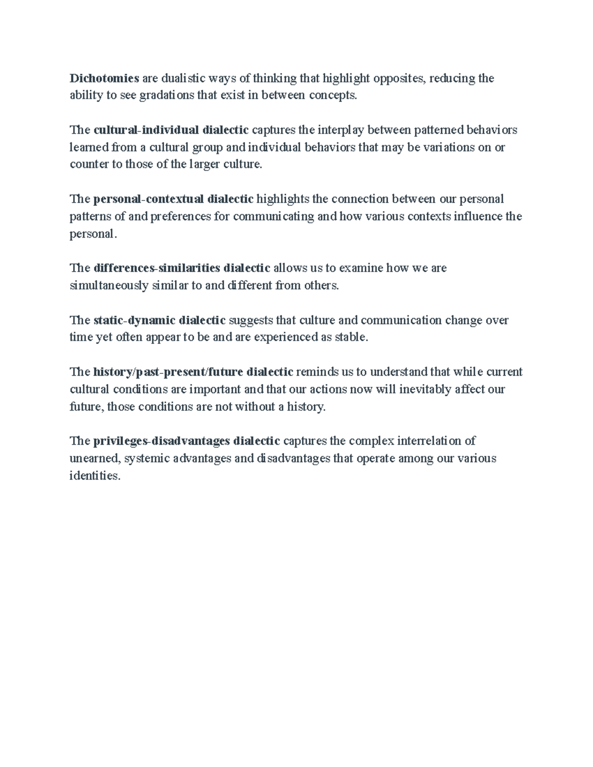 Week 7 Notes - Dichotomies - Dichotomies are dualistic ways of thinking ...