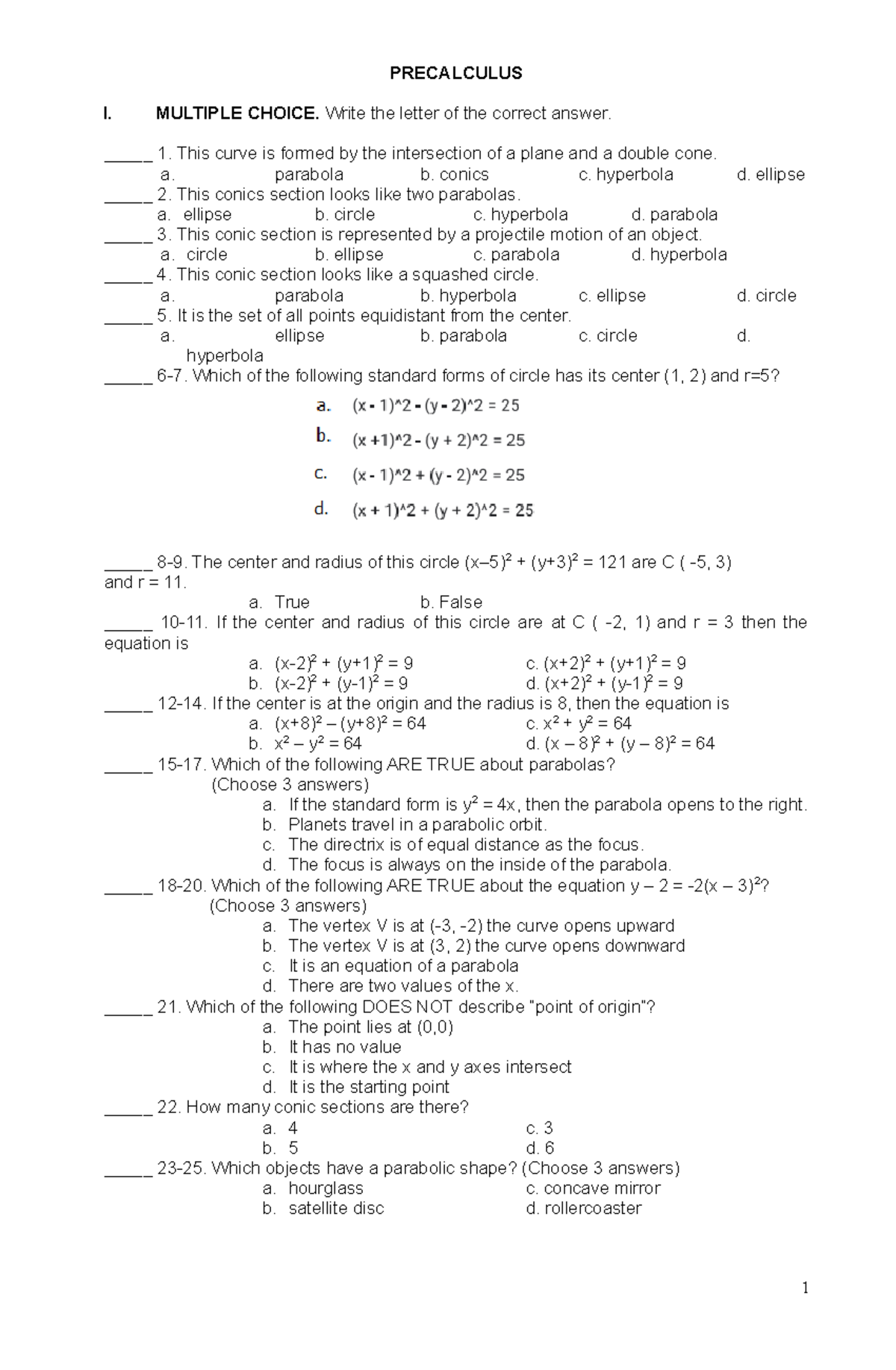 Grade 11 Precalculus - PRECALCULUS I. MULTIPLE CHOICE. Write the letter ...