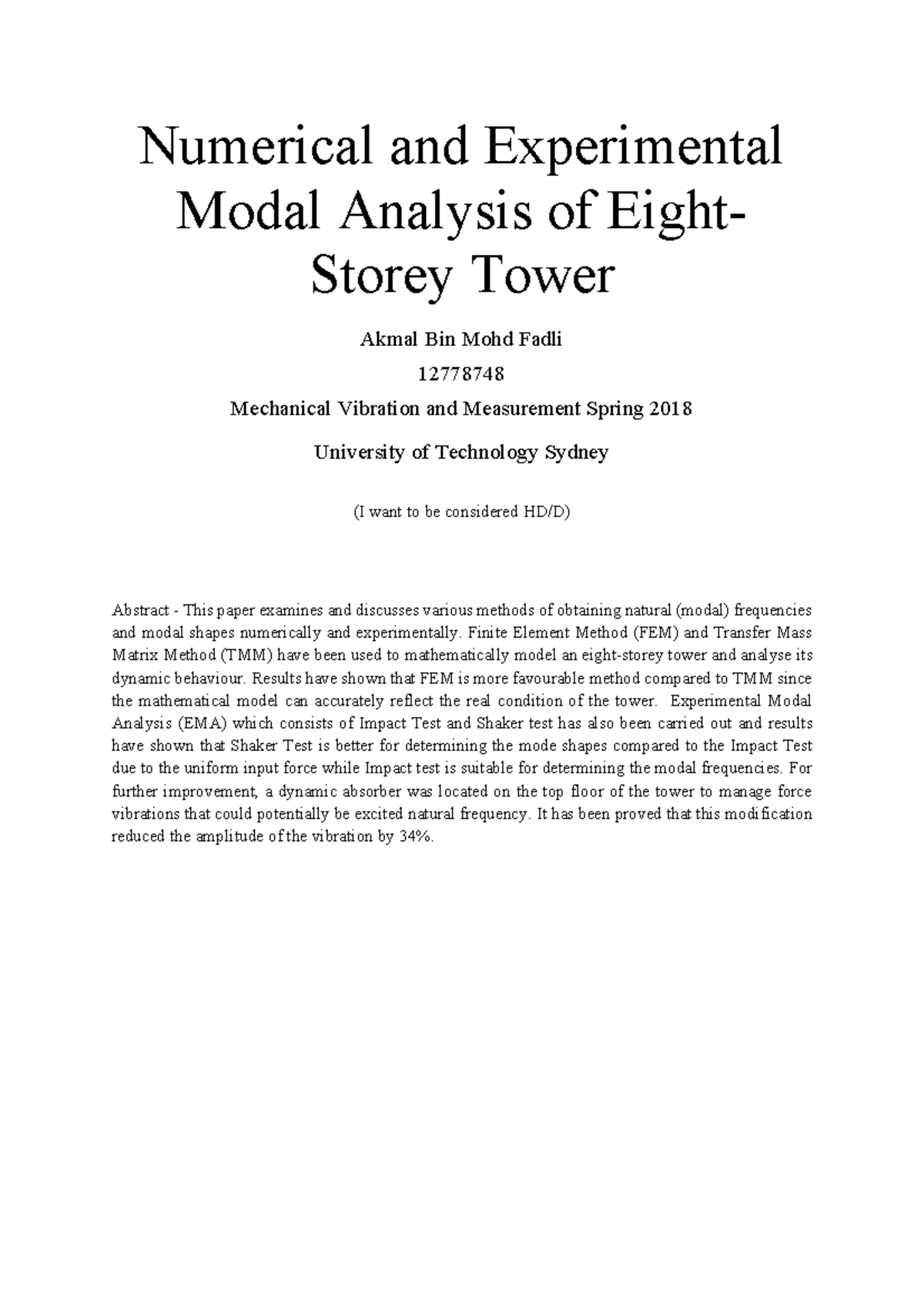 12778748 Project 2 Multi Storey Tower - Numerical and Experimental Modal Analysis of Eight ...