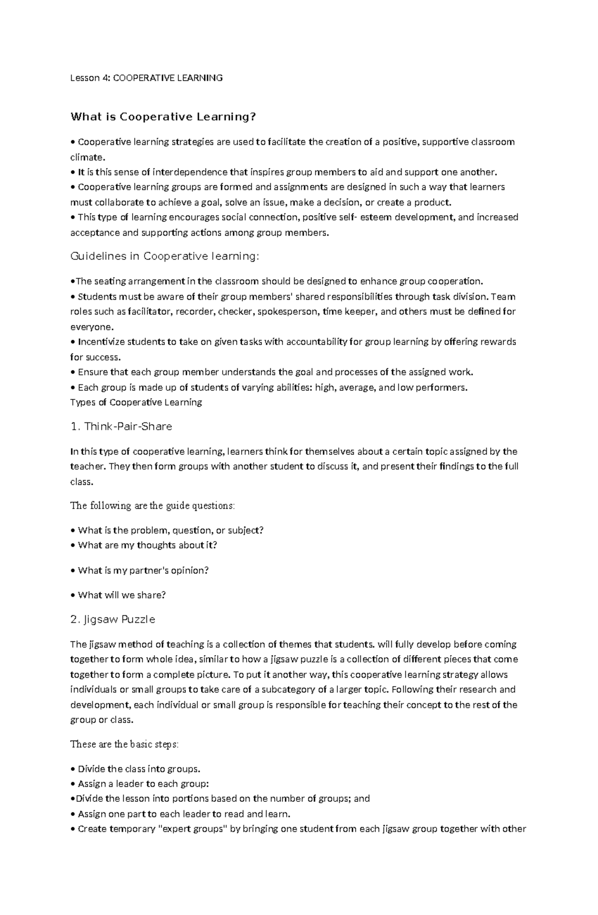 Lesson-4 Cooperative- Learning - Lesson 4: COOPERATIVE LEARNING What is ...