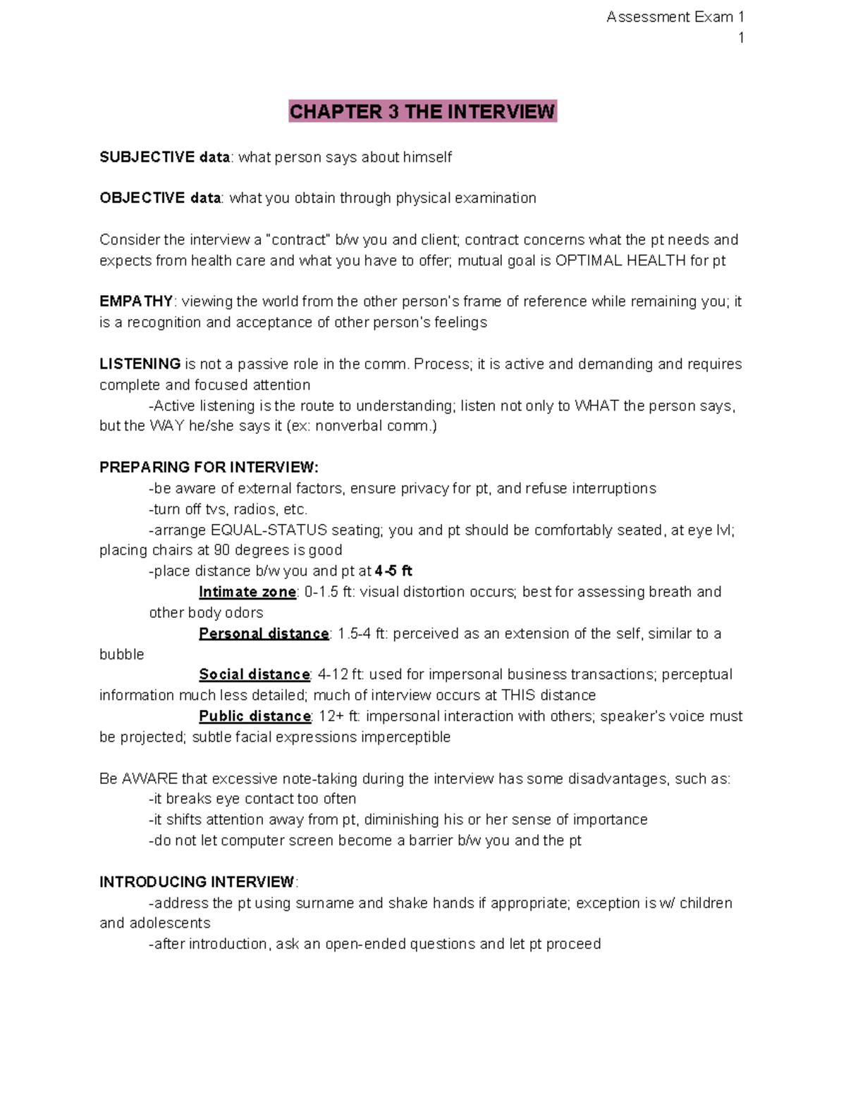 Assessment exam1 review - 1 CHAPTER 3 THE INTERVIEW SUBJECTIVE data ...