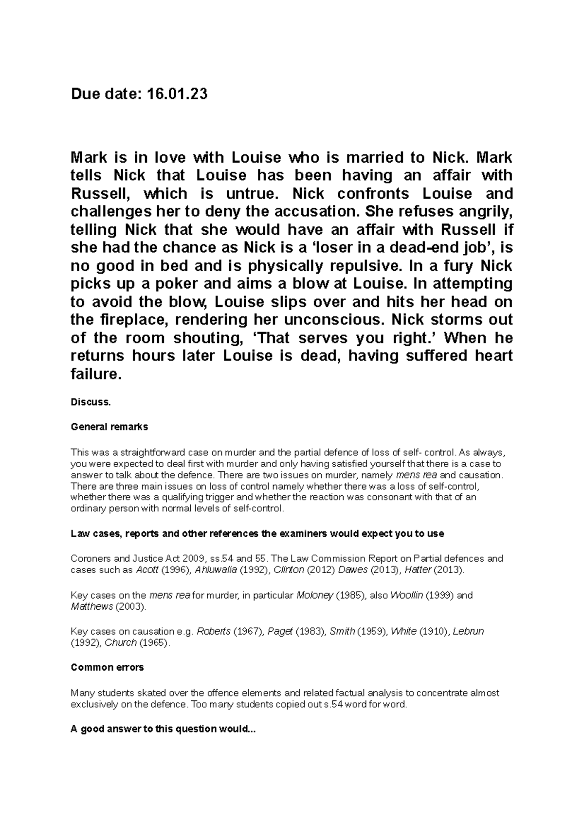 Partial defence question - Due date: 16. Mark is in love with Louise ...