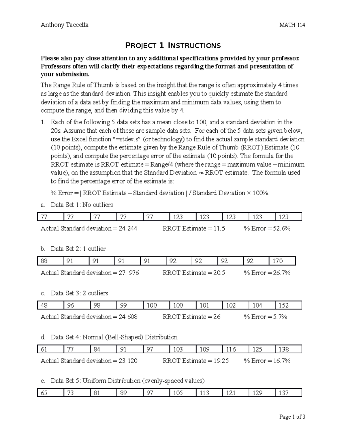 Project 1 For Liberty University Math 115 Anthony Taccetta Math 114 Project 1 Instructions