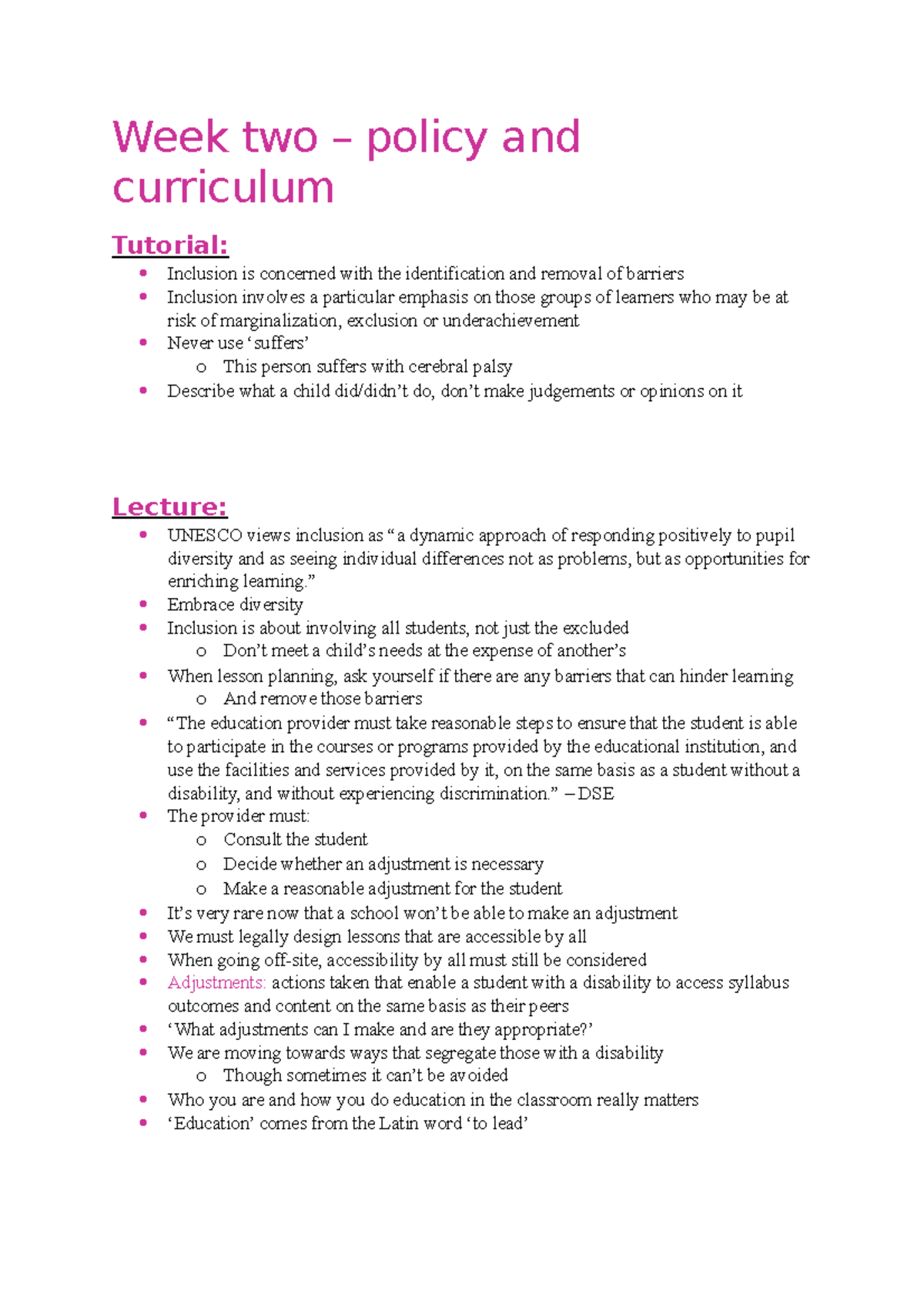 Week 2 - Lecture notes with Kim Clothier - Week two – policy and ...