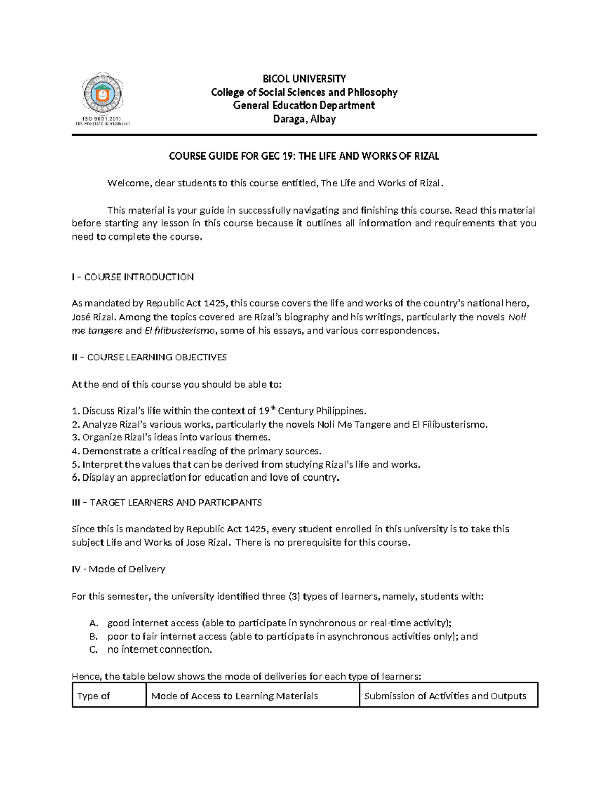 Course guide - BICOL UNIVERSITY College of Social Sciences and ...