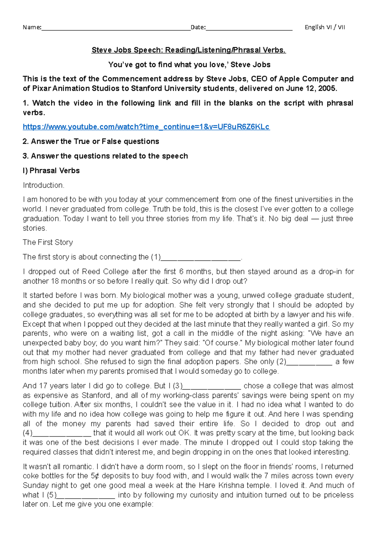 Steve Jobs Speech- phrasal verbs - Steve Jobs Speech: Reading/Listening ...