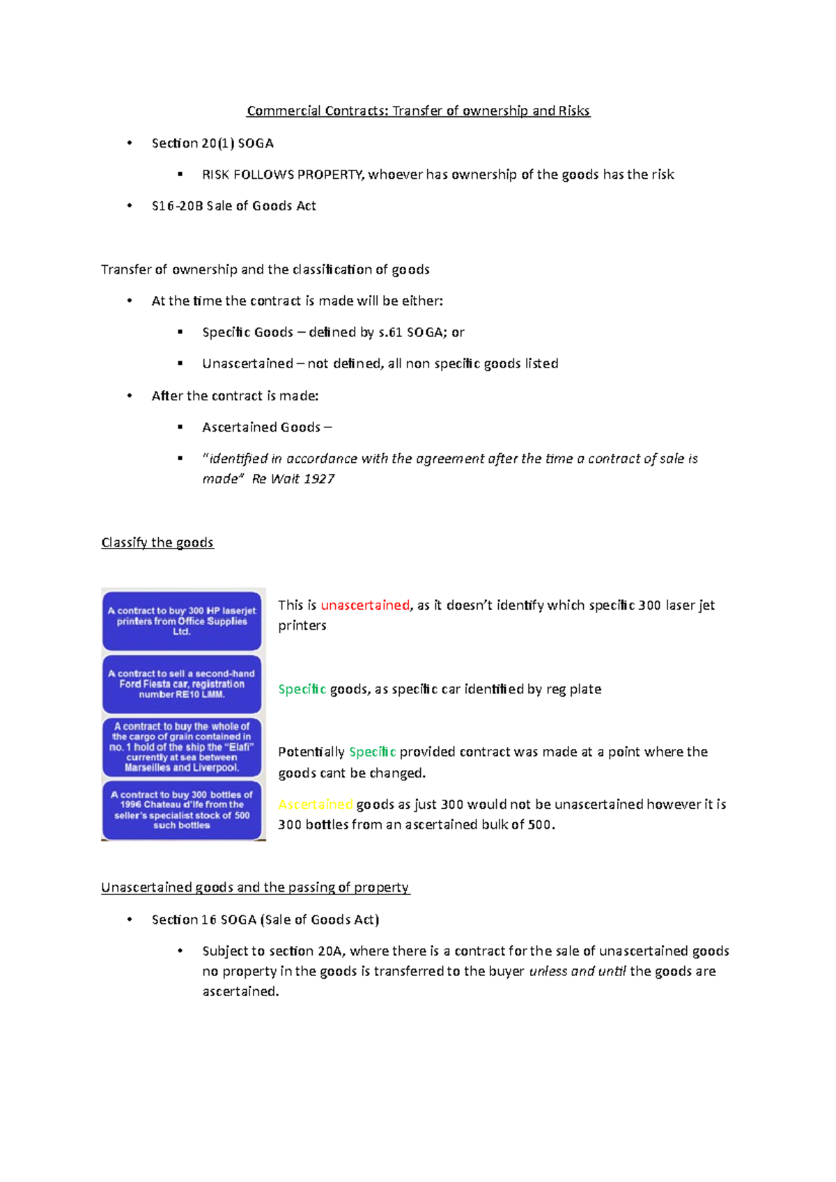 Transfer of Goods lecture notes - Commercial Contracts: Transfer of ...