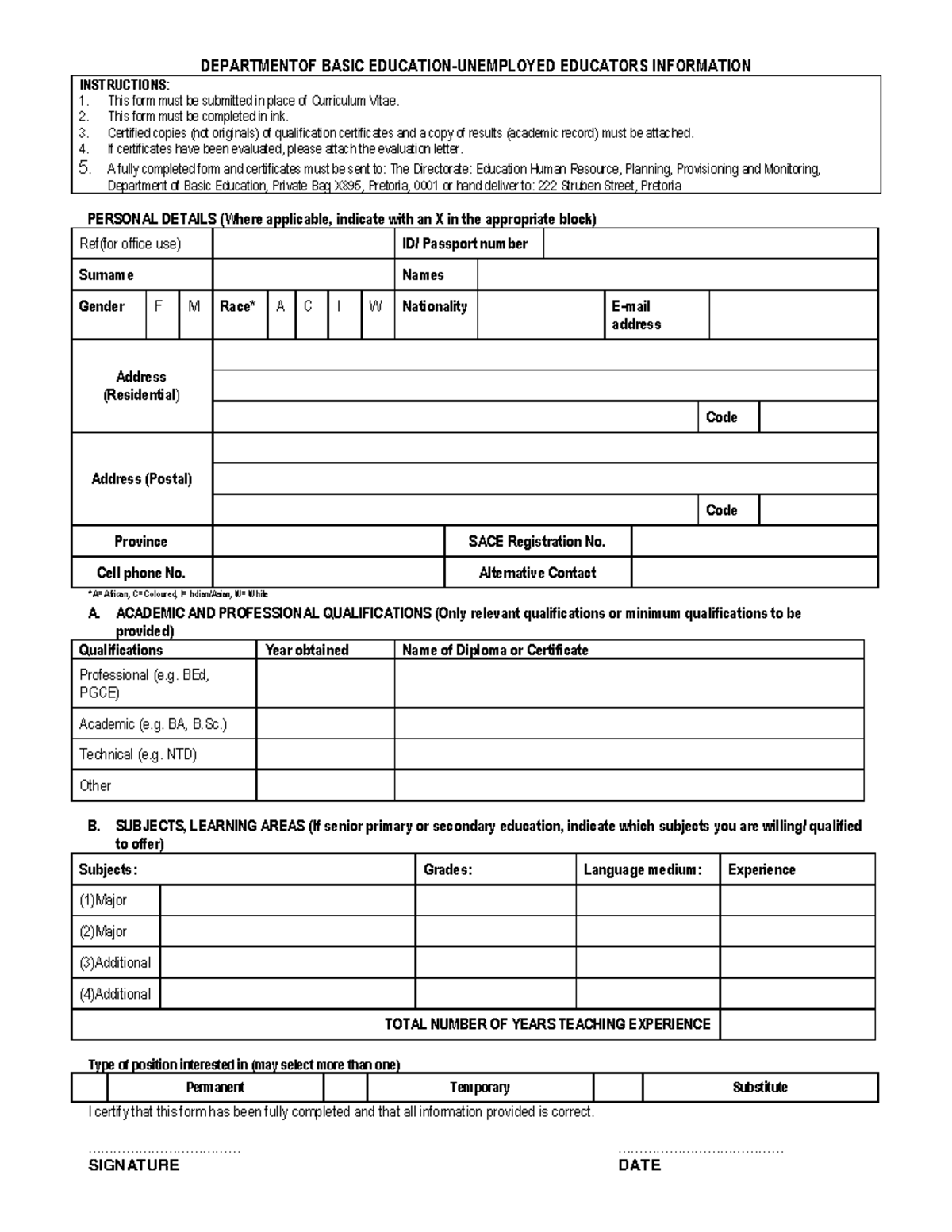 Unemployed Educators Form - DEPARTMENTOF BASIC EDUCATION-UNEMPLOYED ...