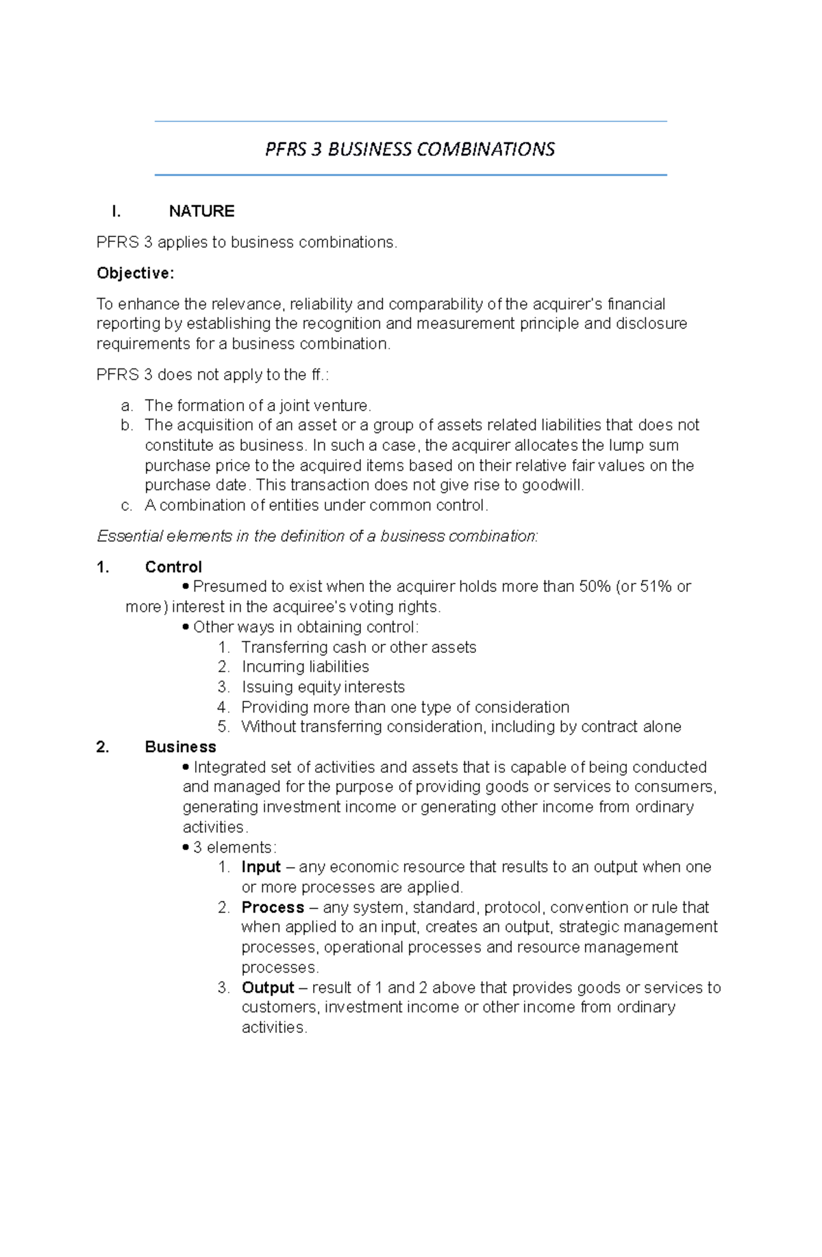 PFRS 3 Business Combinations - PFRS 3 BUSINESS COMBINATIONS I. NATURE ...