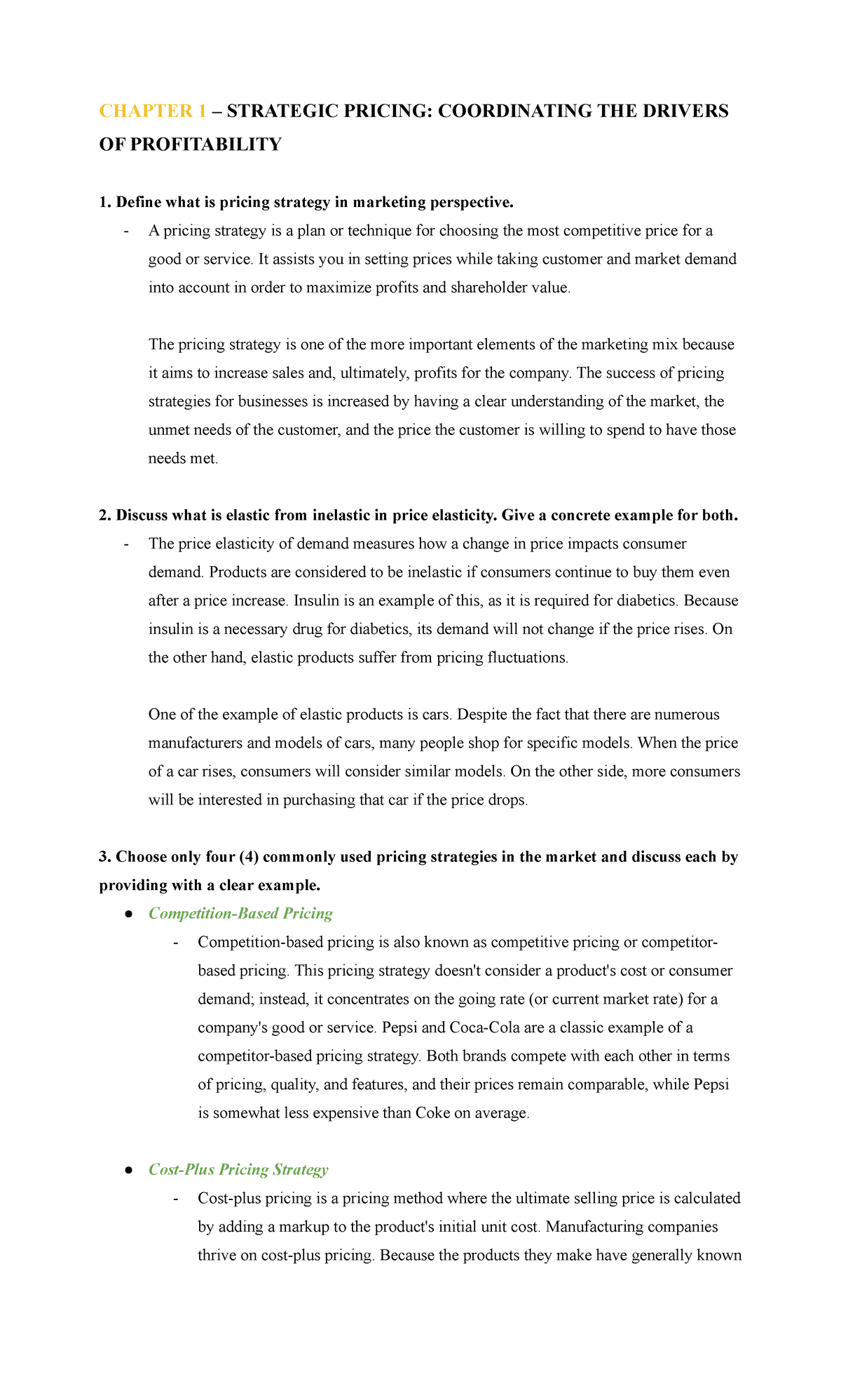 Prelim - Pricing Strategy - CHAPTER 1 – STRATEGIC PRICING: COORDINATING ...