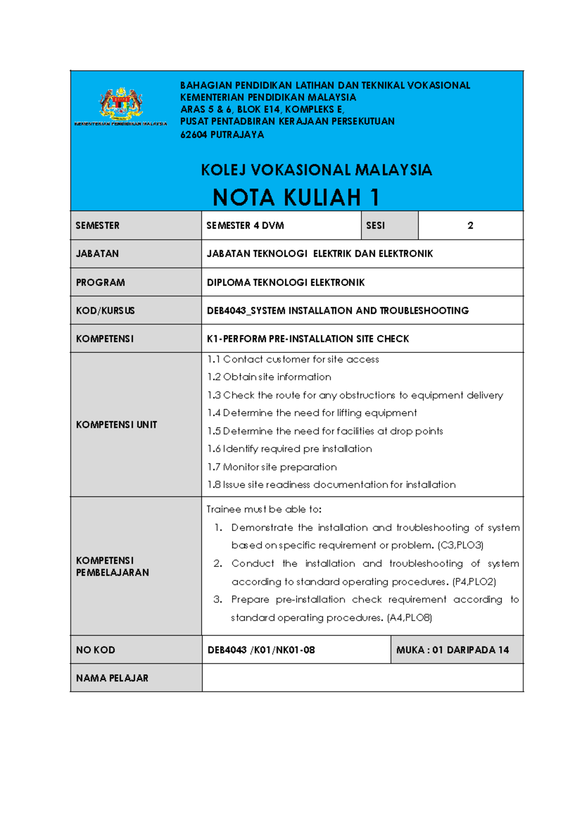 NOTA Kuliah K1 - notes - NOTA KULIAH 1 SEMESTER SEMESTER 4 DVM SESI 2 ...