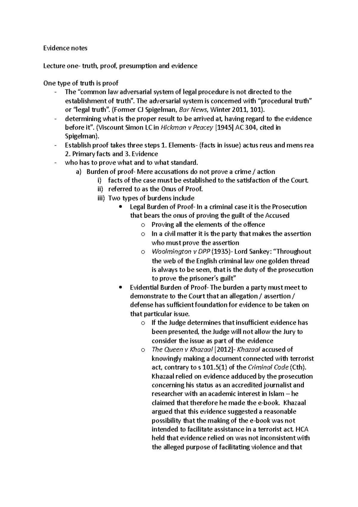 Evidence notes - Evidence notes Lecture one- truth, proof, presumption ...